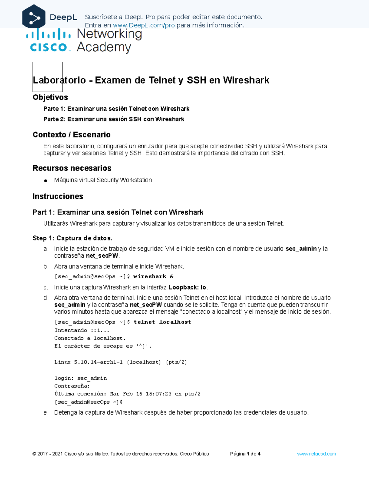 16.3.12 Lab - Examining Telnet and SSH in Wireshark es - Laboratorio - Examen de Telnet y SSH en ...