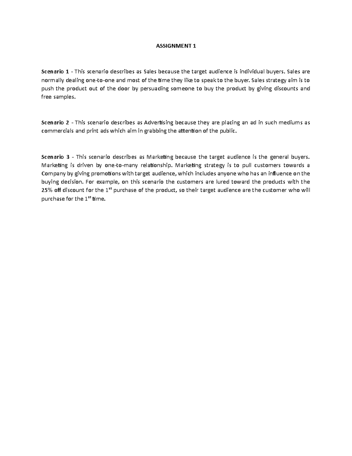 Assignment 1 - Marketing - ASSIGNMENT 1 Scenario 1 - This scenario ...