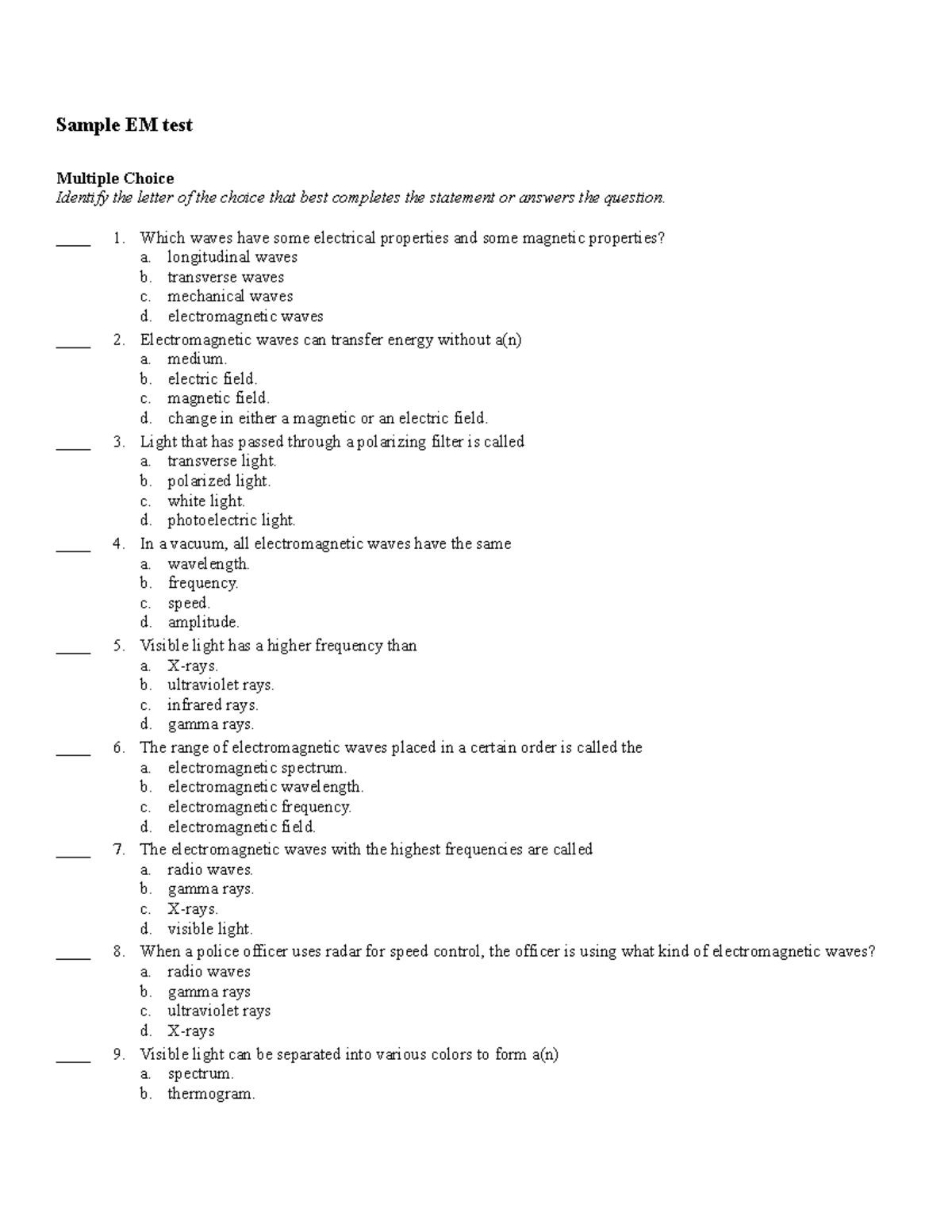 Ch3 sample test - em - assignment - Sample EM test Multiple Choice ...