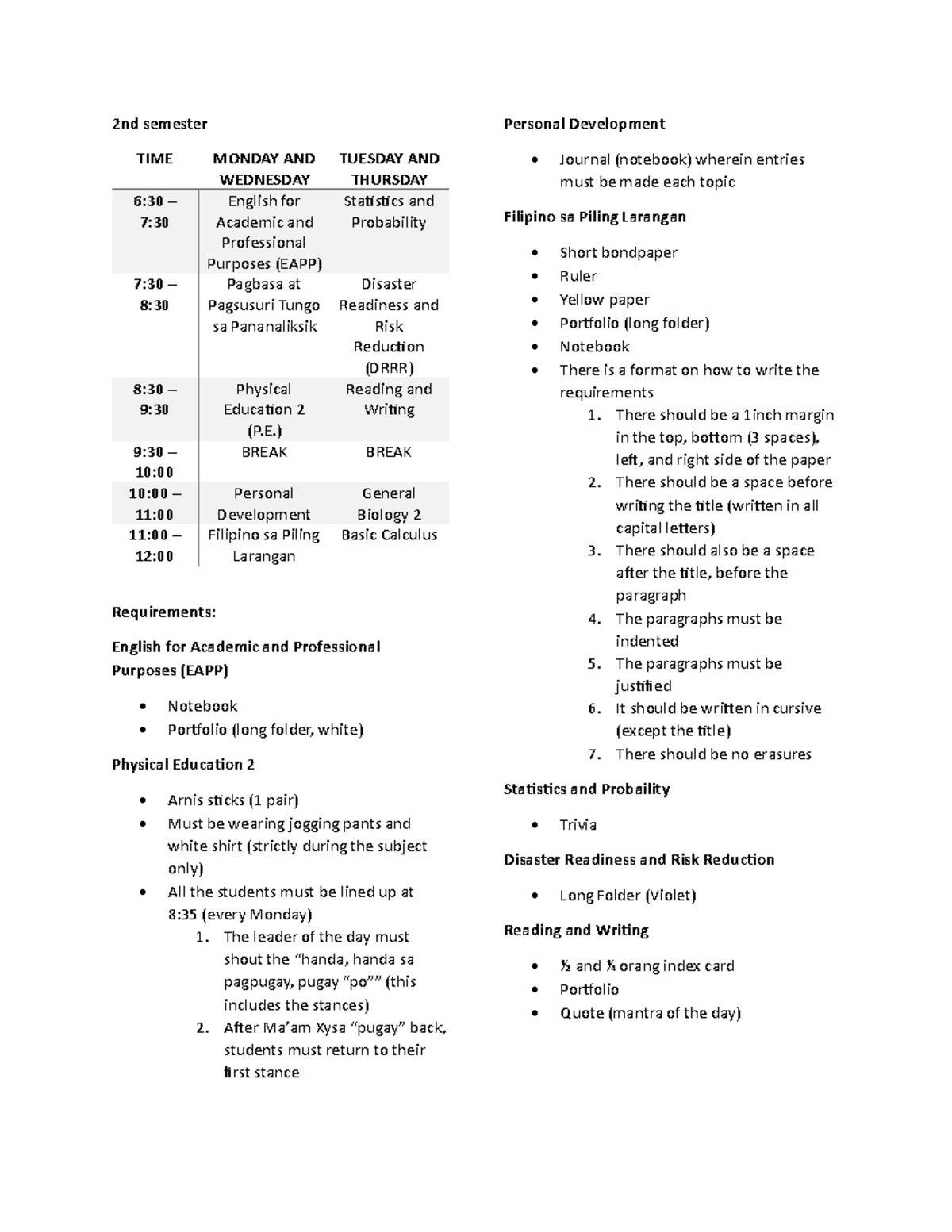 2nd-Semester-Notes - N/a - 2nd semester TIME MONDAY AND WEDNESDAY ...