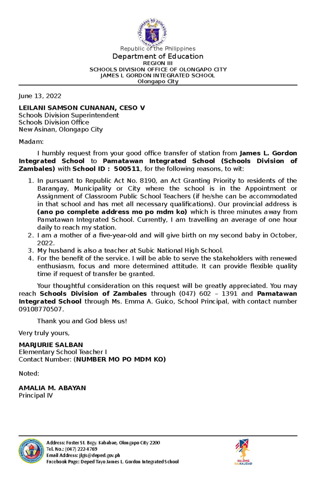 Letter-asking-permission-to-transfer m salban - Republic of the ...