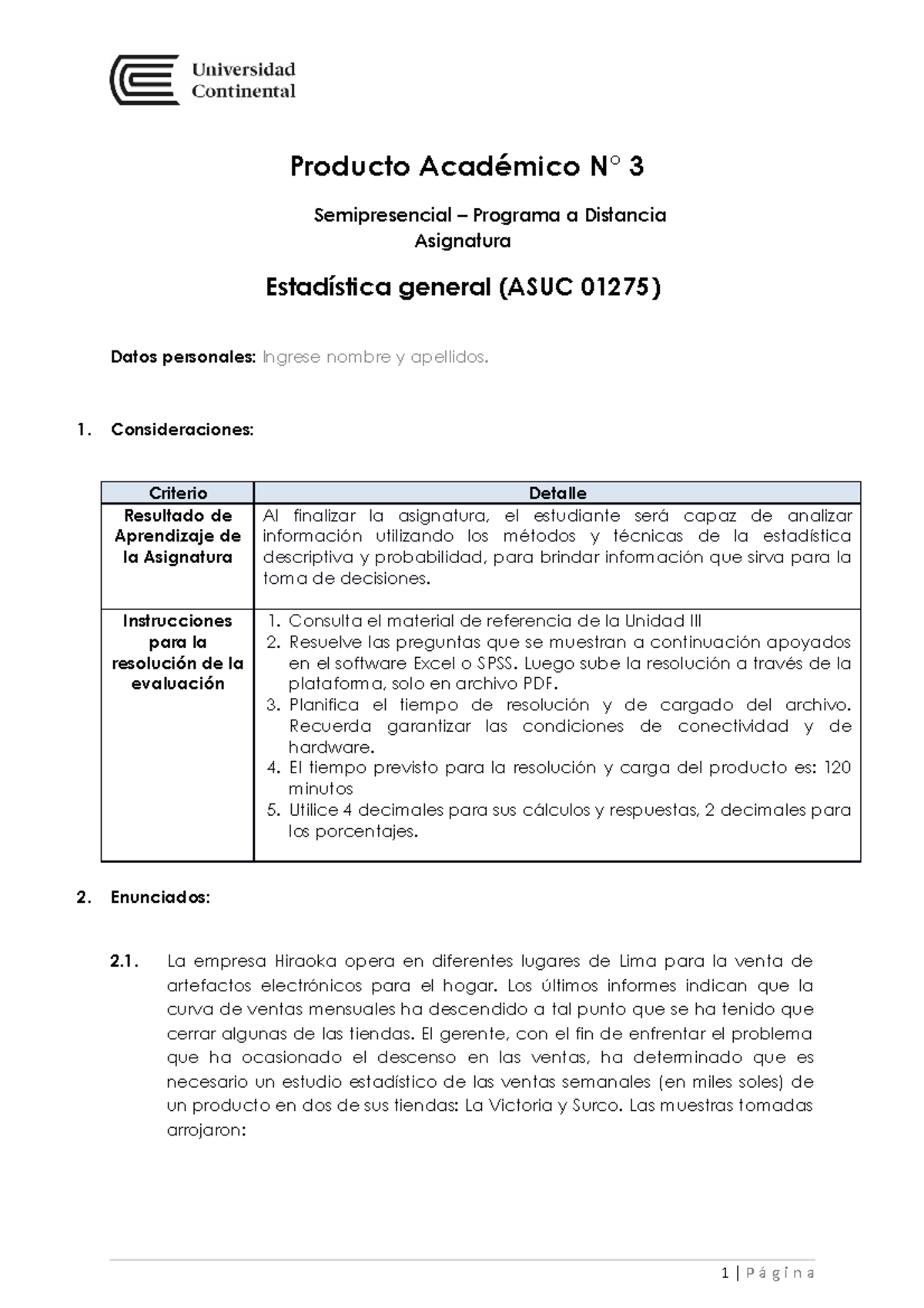 Producto Académico 3 estadistica . general - Producto Académico N° 3 Semipresencial – Programa a ...