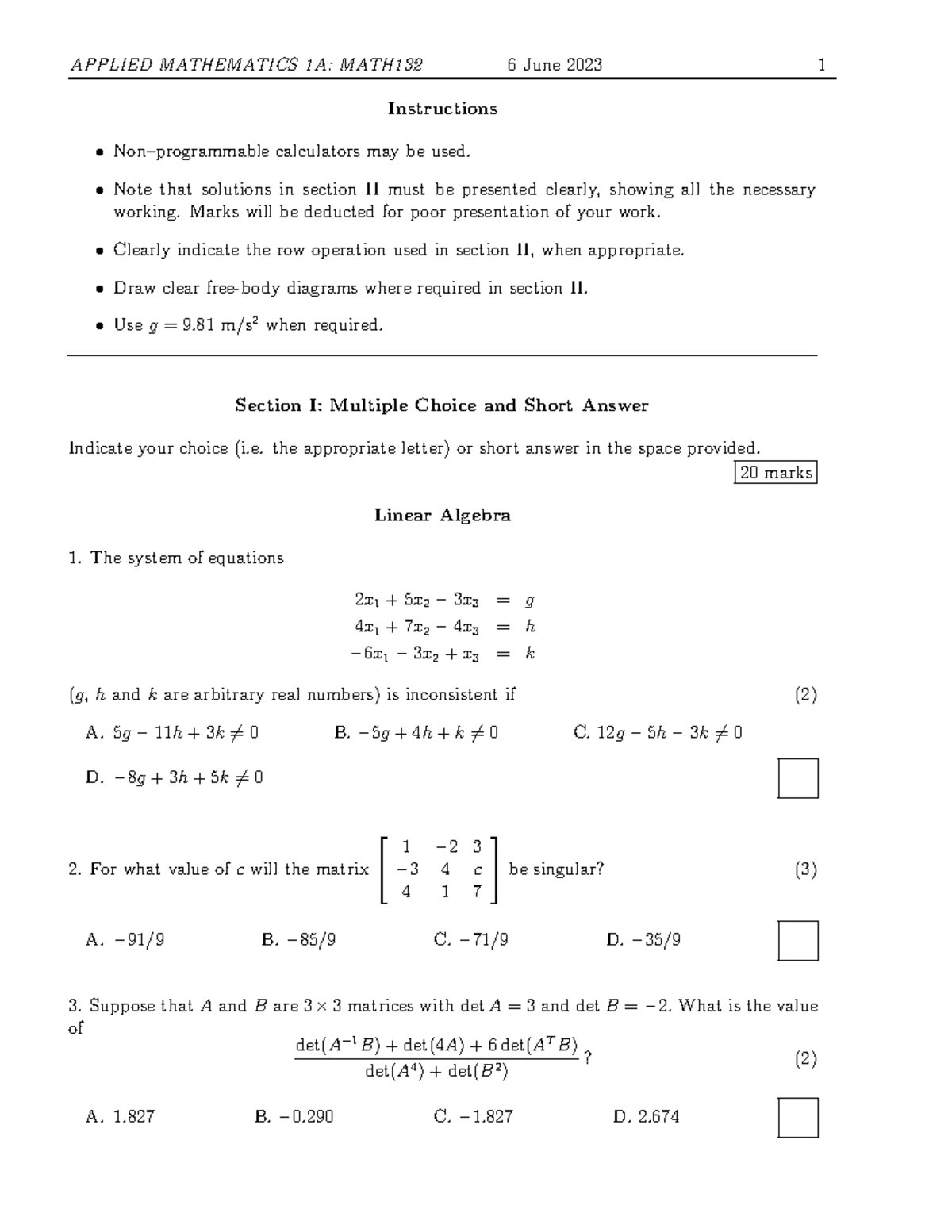 Exam (2023) - Instructions Non–programmable calculators may be used ...