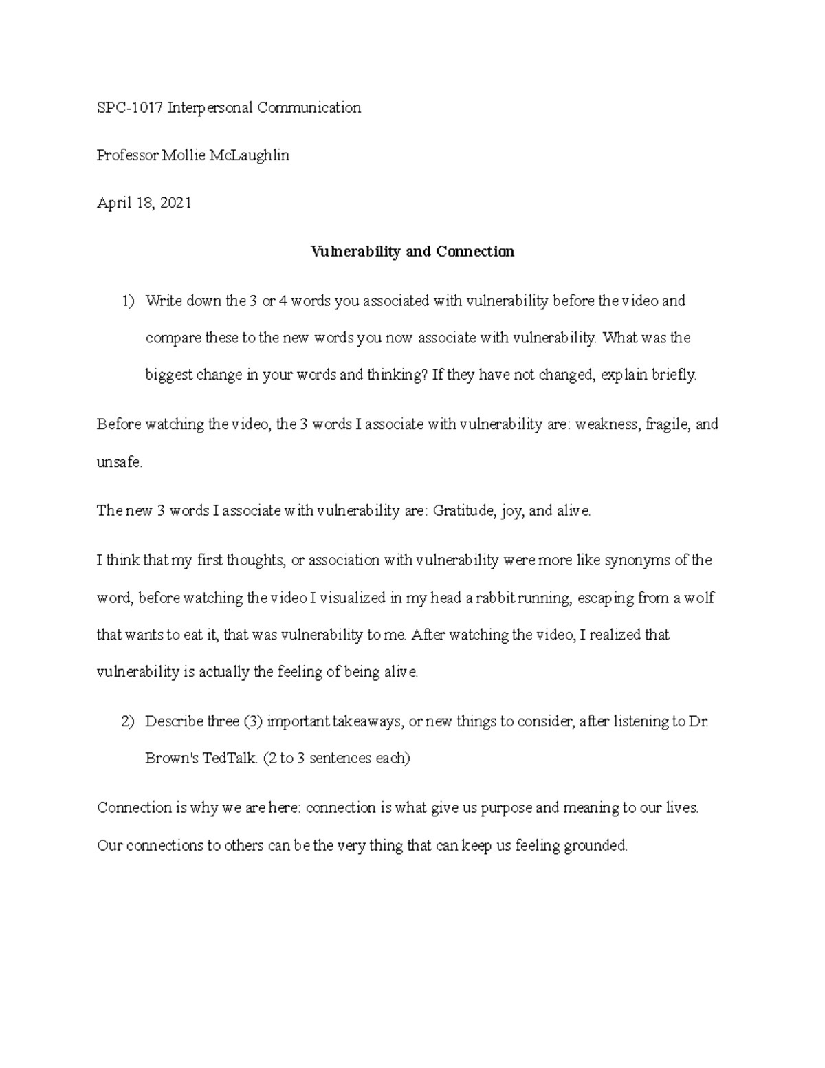 Vulnerability and Connection - SPC-1017 Interpersonal Communication ...