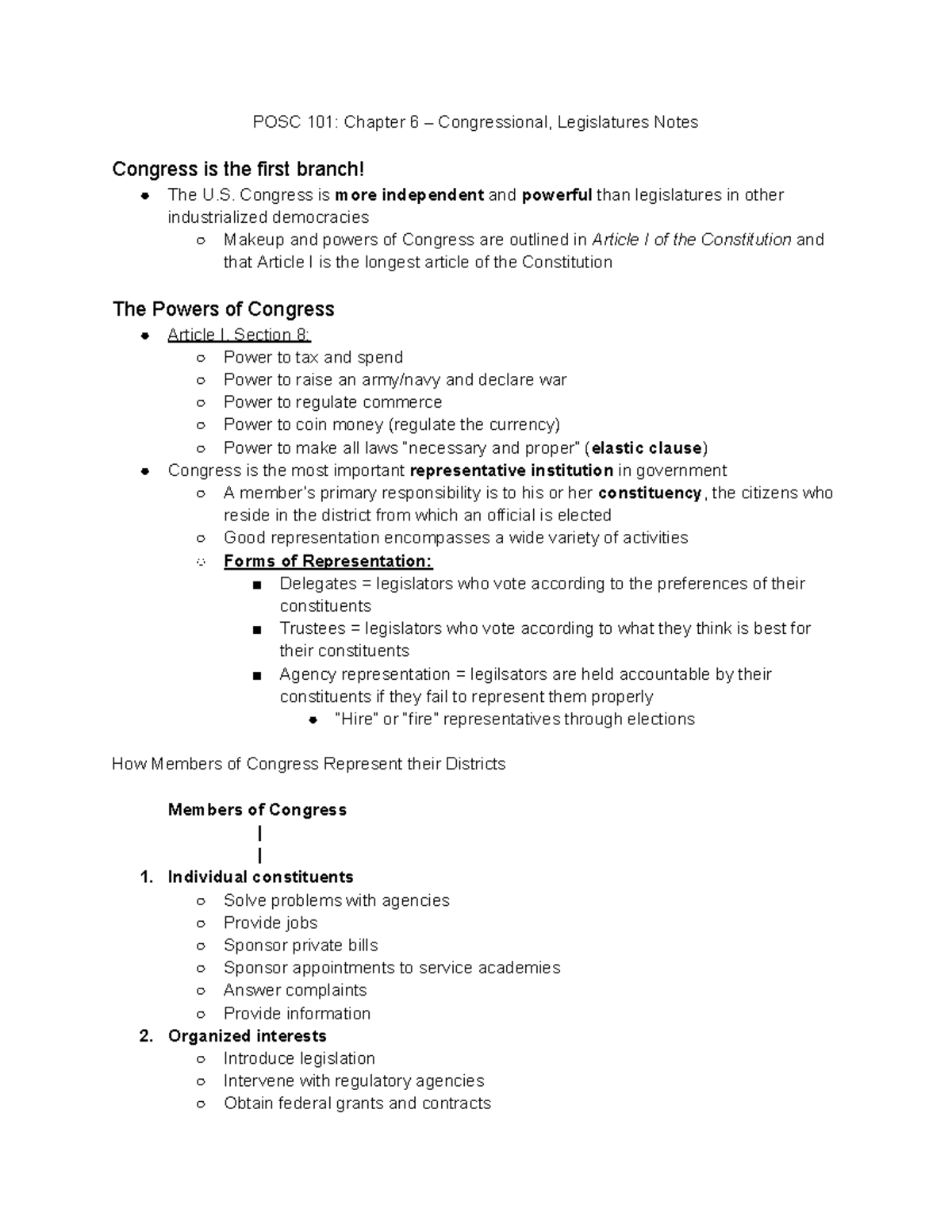 POSC 100 Congressional Notes - POSC 101: Chapter 6 – Congressional ...