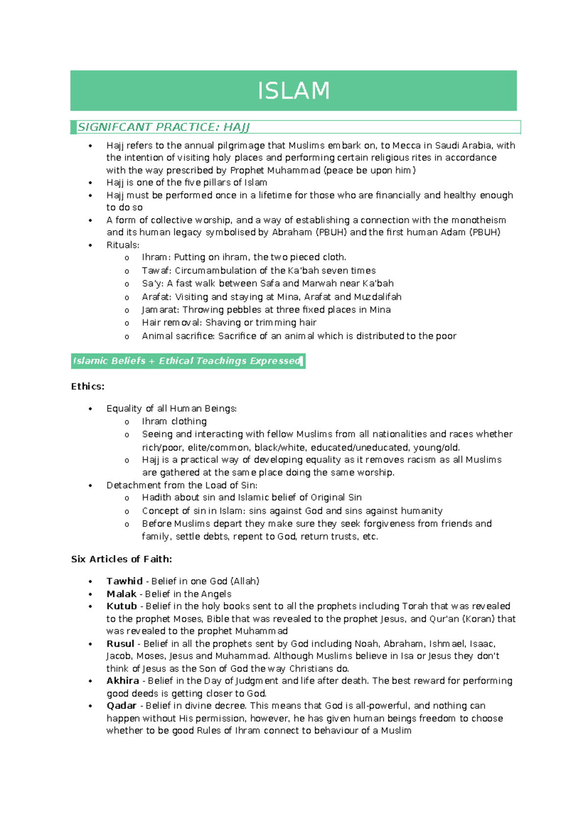 Islam - notes - ISLAM SIGNIFCANT PRACTICE: HAJJ Hajj refers to the ...