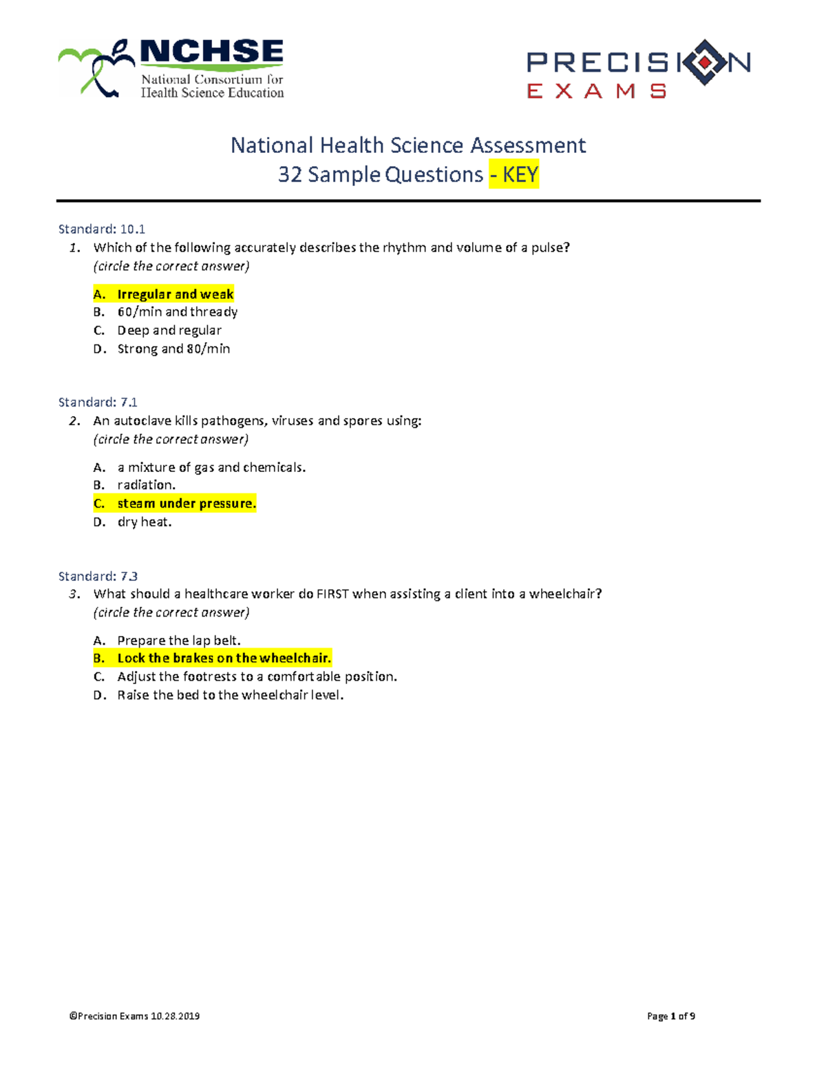 NHSA 30 Sample Test Questions KEY - National Health Science Assessment ...