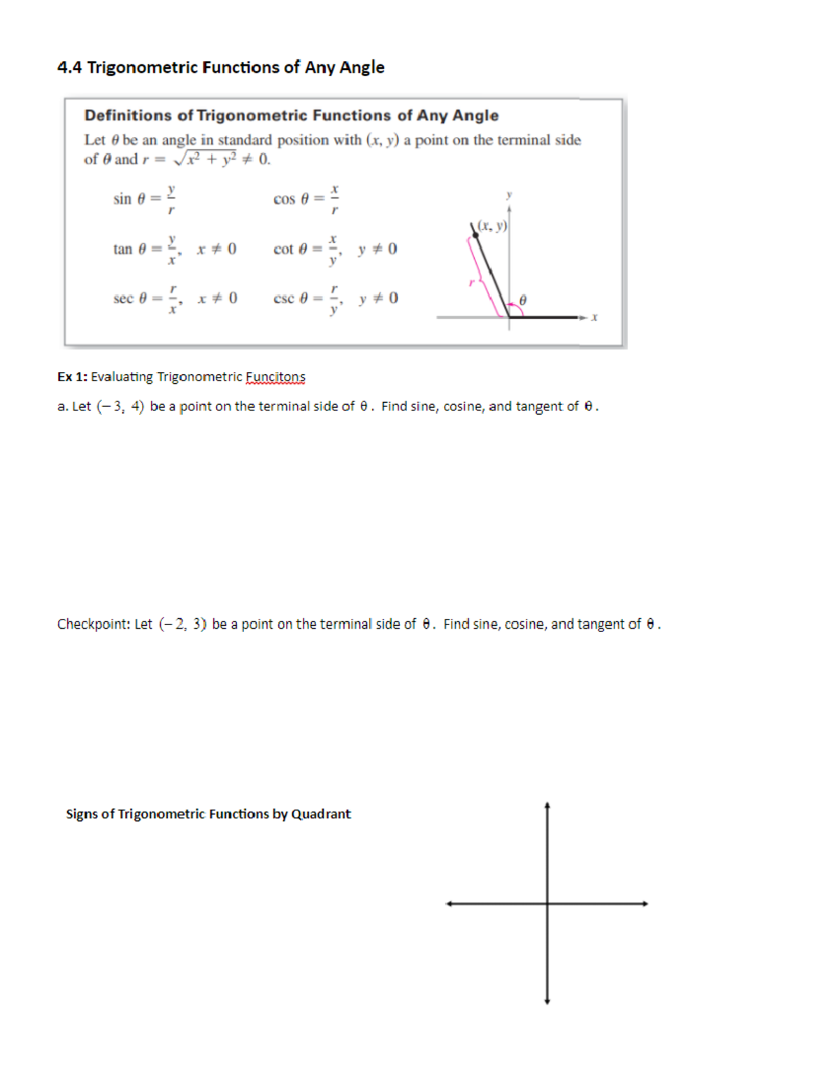 Chapter 4 Lesson 4 Notes - 4 Trigonometric Functions of Any Angle ...