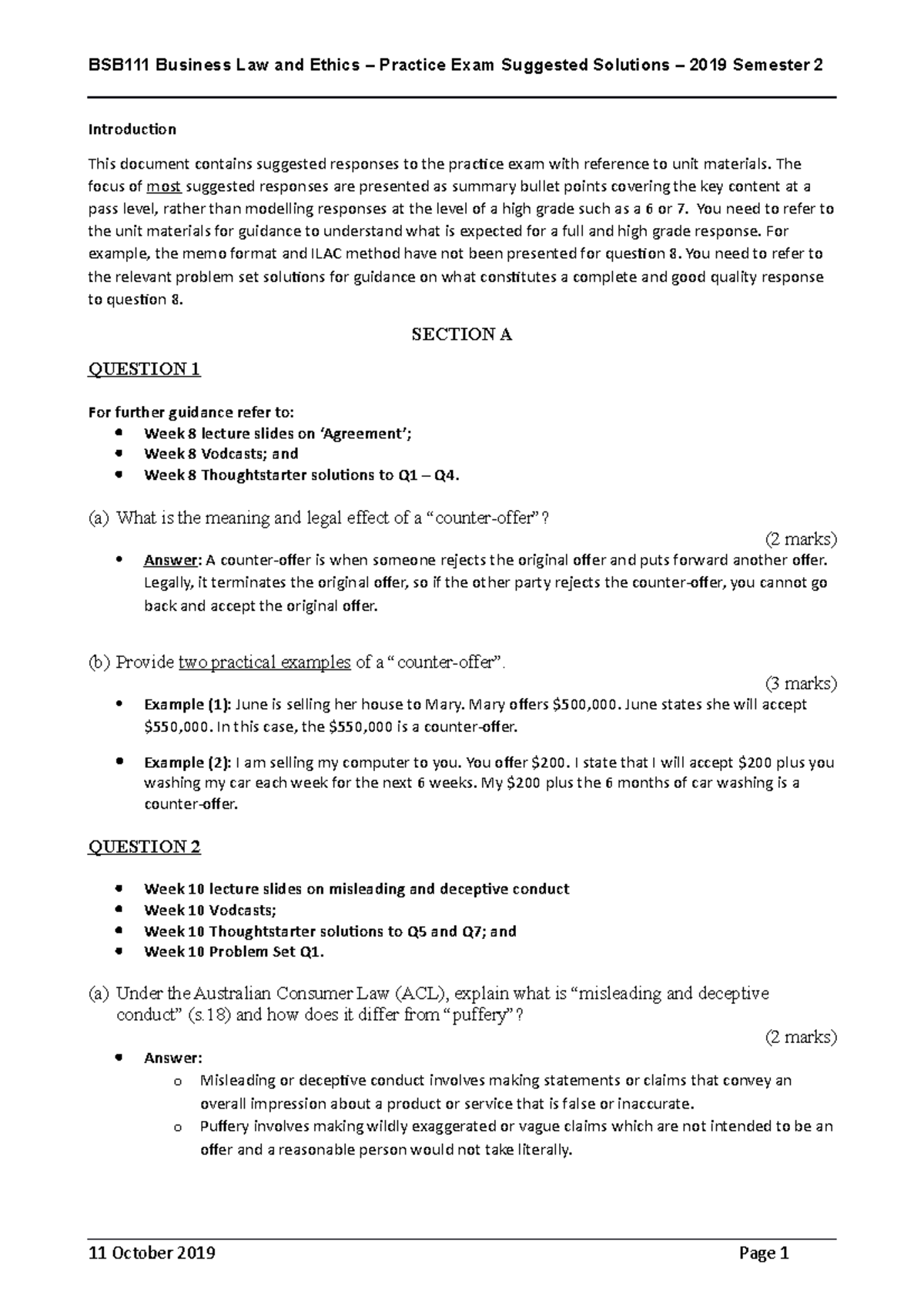 BSB111 S2 Practice Exam Answer Sheet - Introduction This document contains suggested responses ...