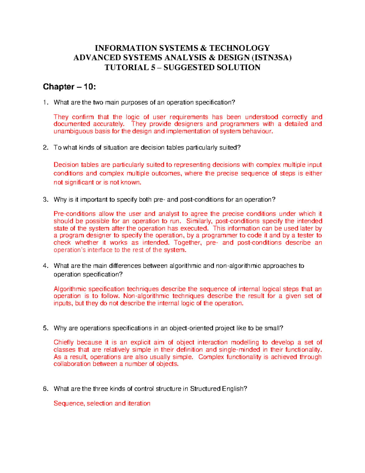 ISTN3SA Tutorial 5 Solution - INFORMATION SYSTEMS & TECHNOLOGY ADVANCED SYSTEMS ANALYSIS & - Studocu