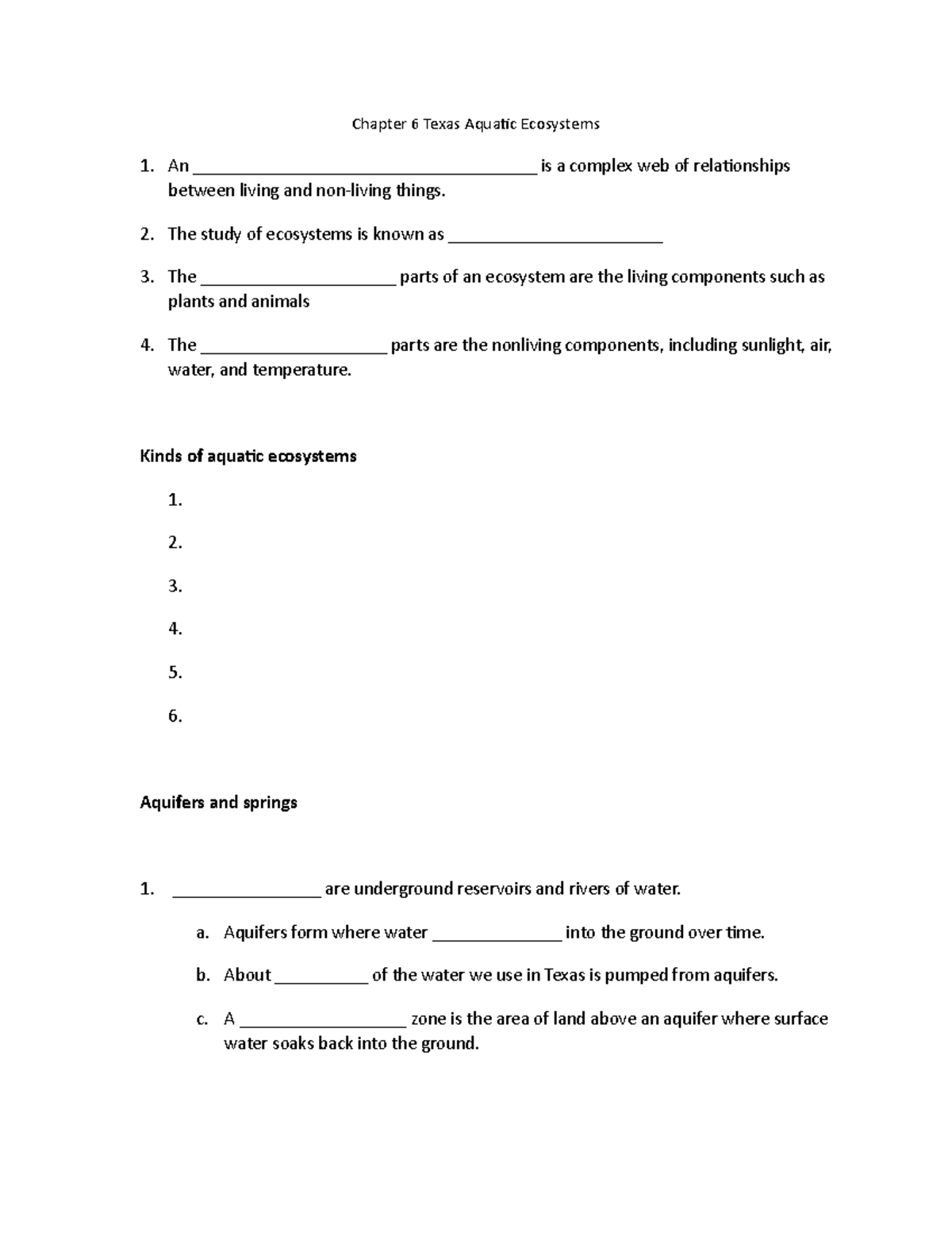 Aquatics Chapter 6Notes - Chapter 6 Texas Aquatic Ecosystems An - Studocu