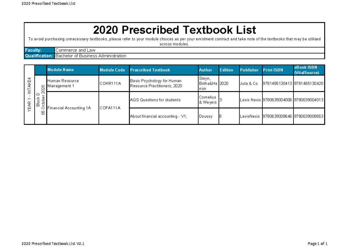 Bachelor of Business Administration Textbooks Year 1 Intake 4 - 2020 ...
