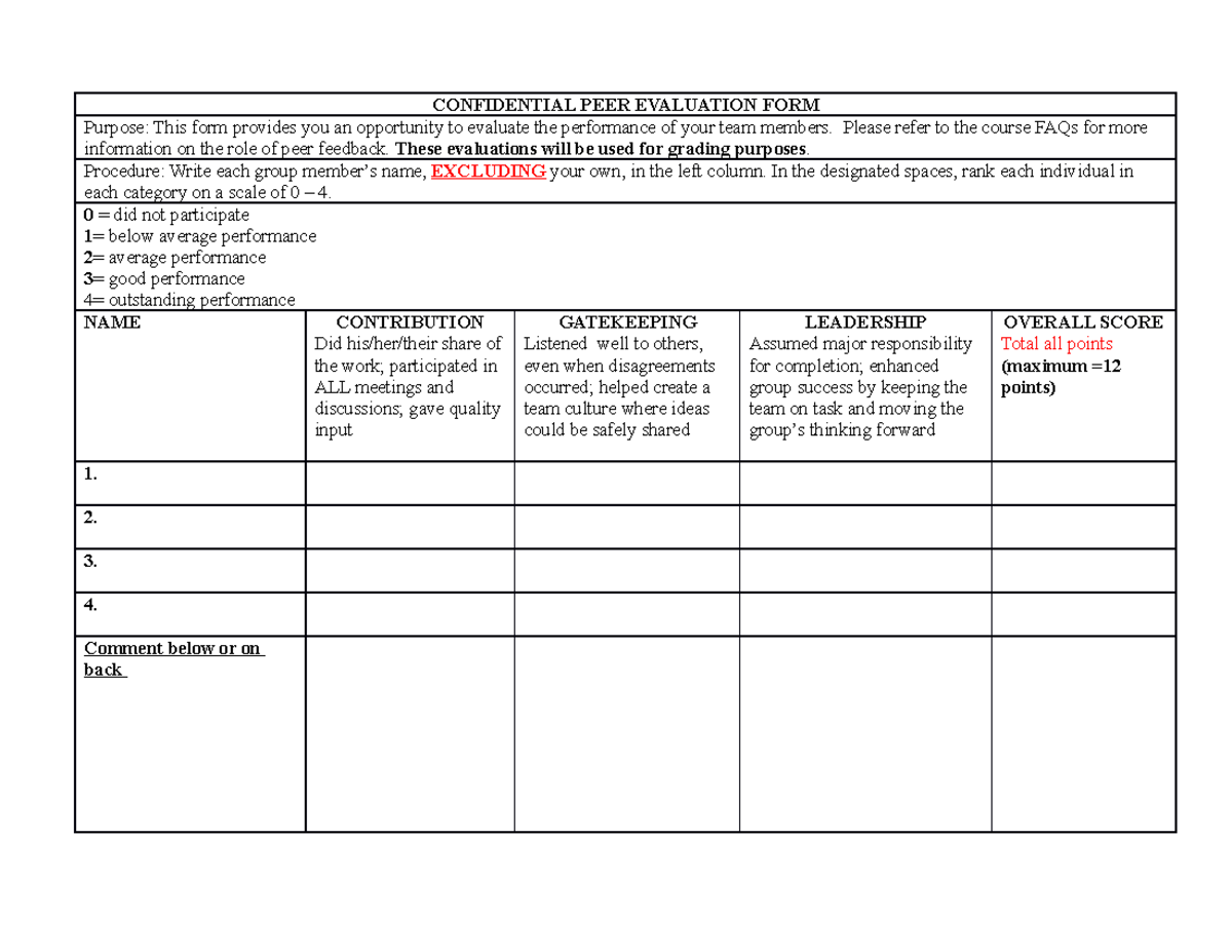 2020 Peer Evaluation Form-1 - CONFIDENTIAL PEER EVALUATION FORM Purpose ...