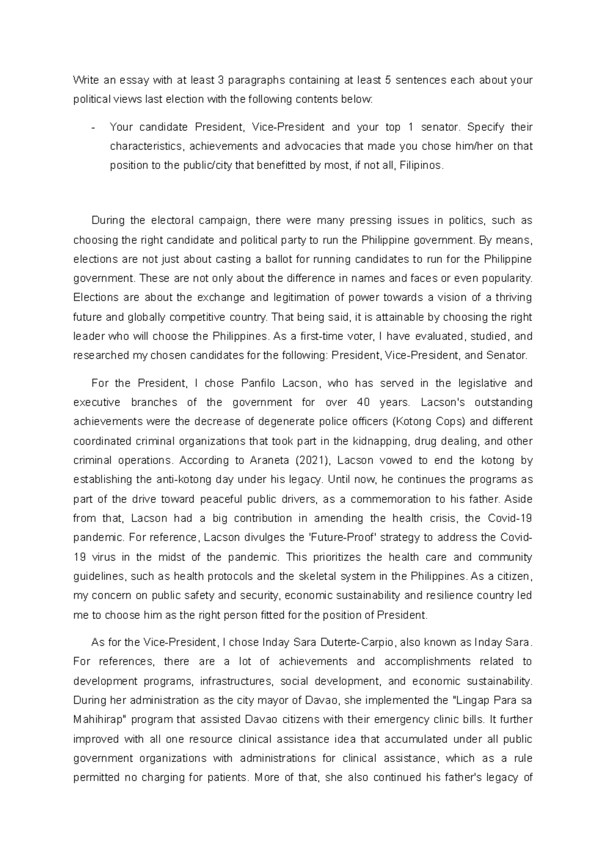 Political views on Running Candidates - Write an essay with at least 3 ...