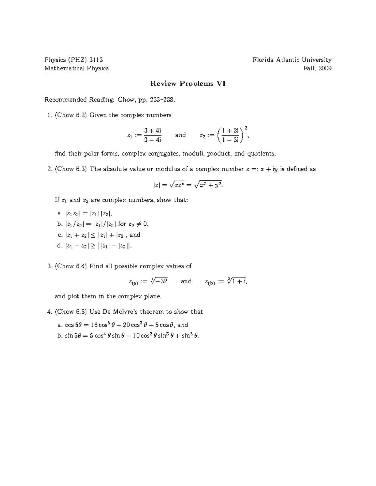 Review Problems 6 - Physics (PHZ) 3113 Florida Atlantic University Mathematical Physics Fall ...