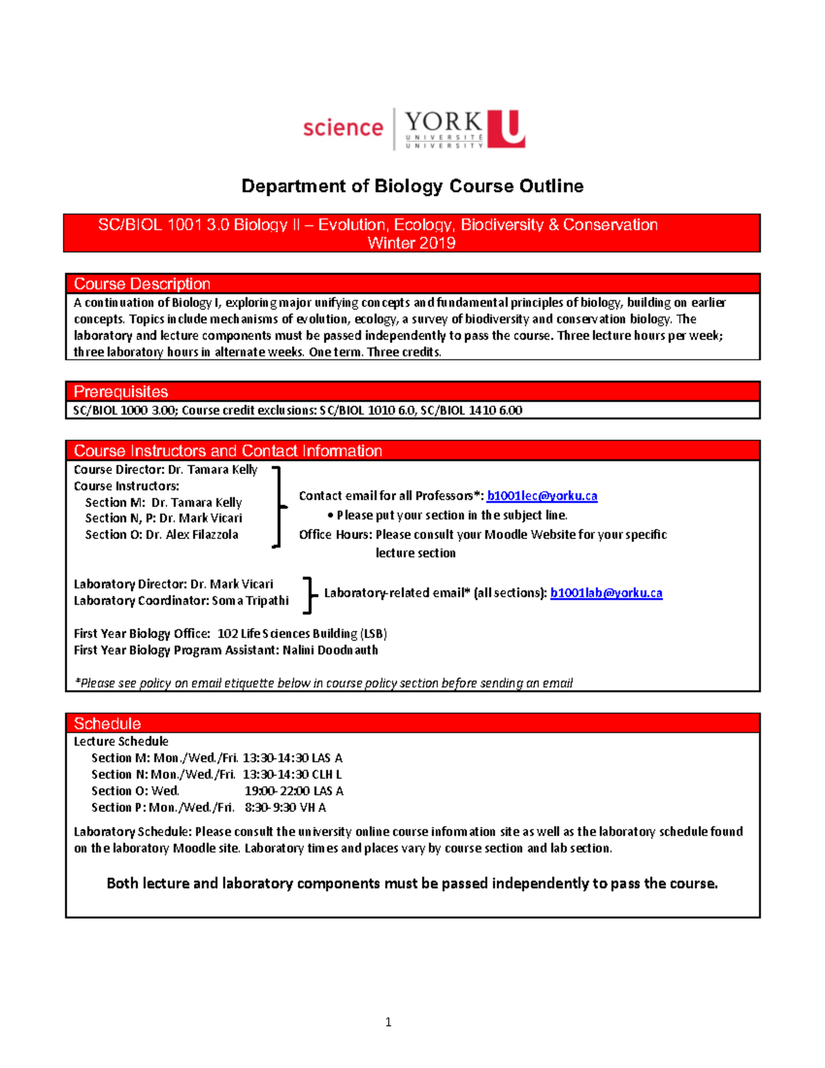 BIOL 1001 W2019 Course Outline - Department of Biology Course Outline ...