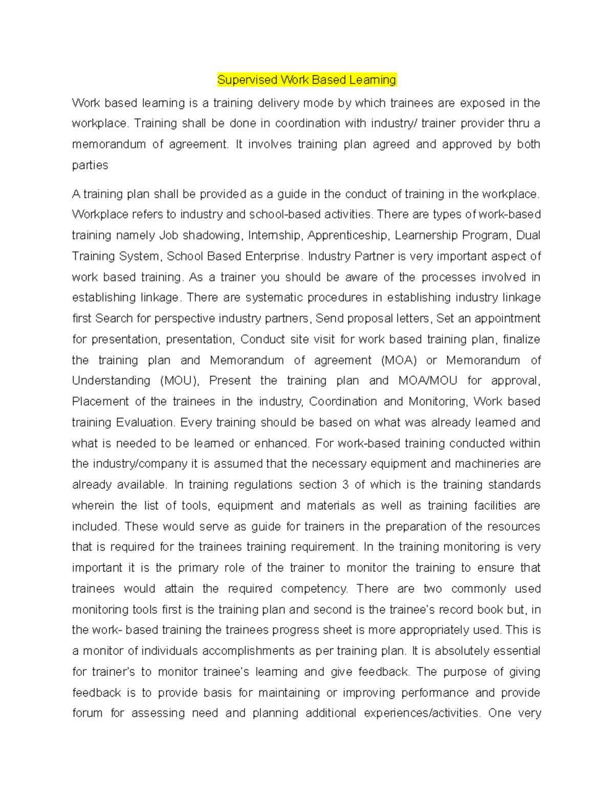 Supervised Work based learning (Written exam) - Supervised Work Based ...