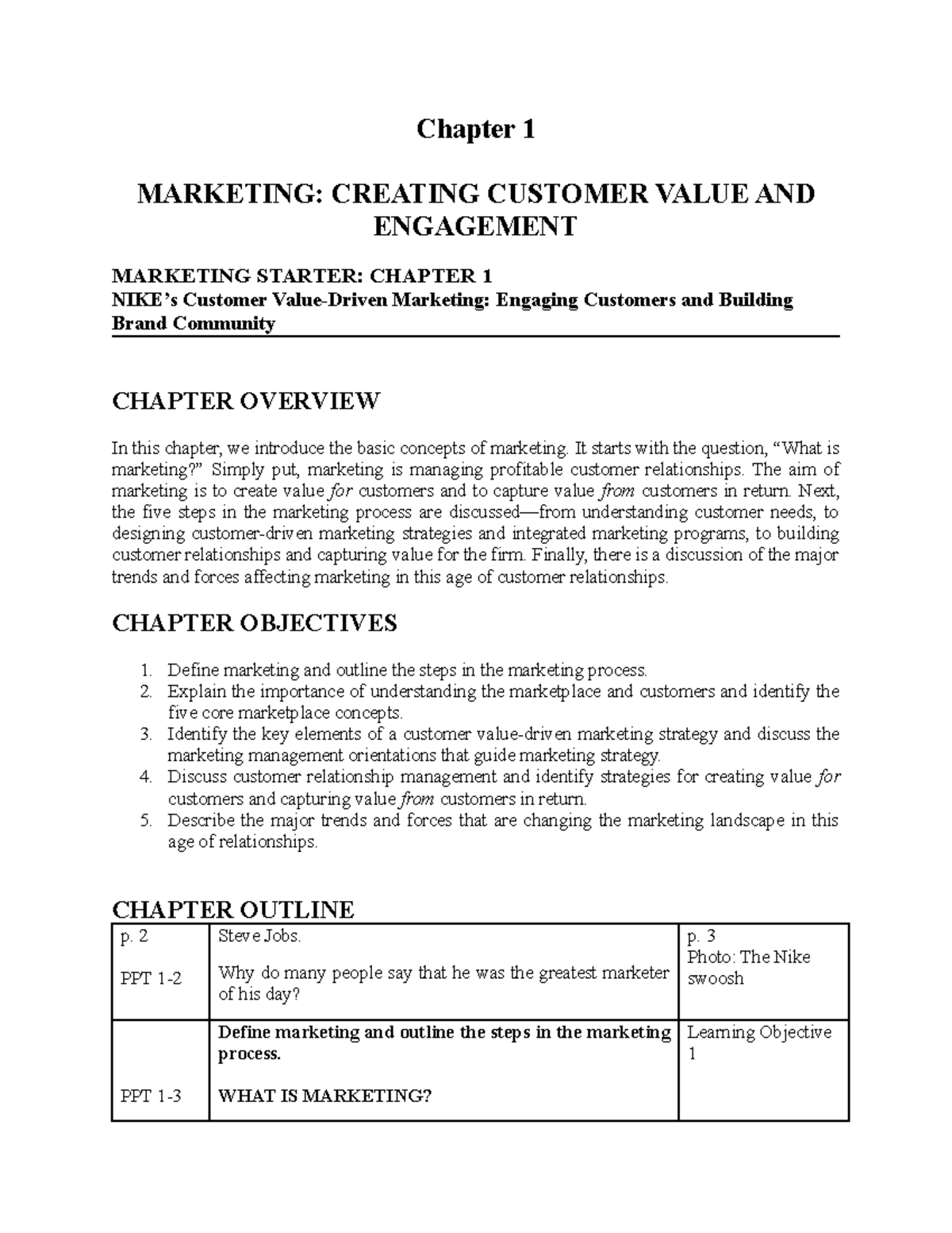 Marketing 301 Chapter 1 notes - Chapter 1 MARKETING: CREATING CUSTOMER ...