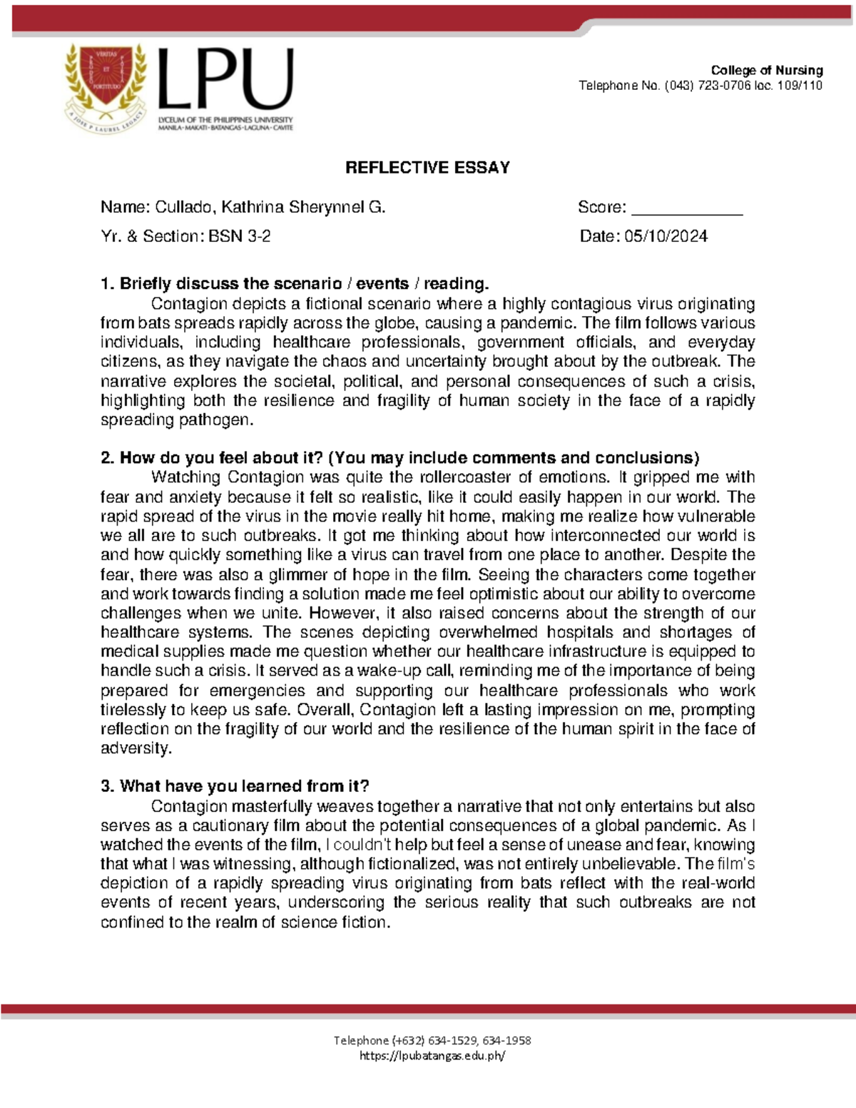 CD- Reflective essay - College of Nursing Telephone No. (043) 723 ...