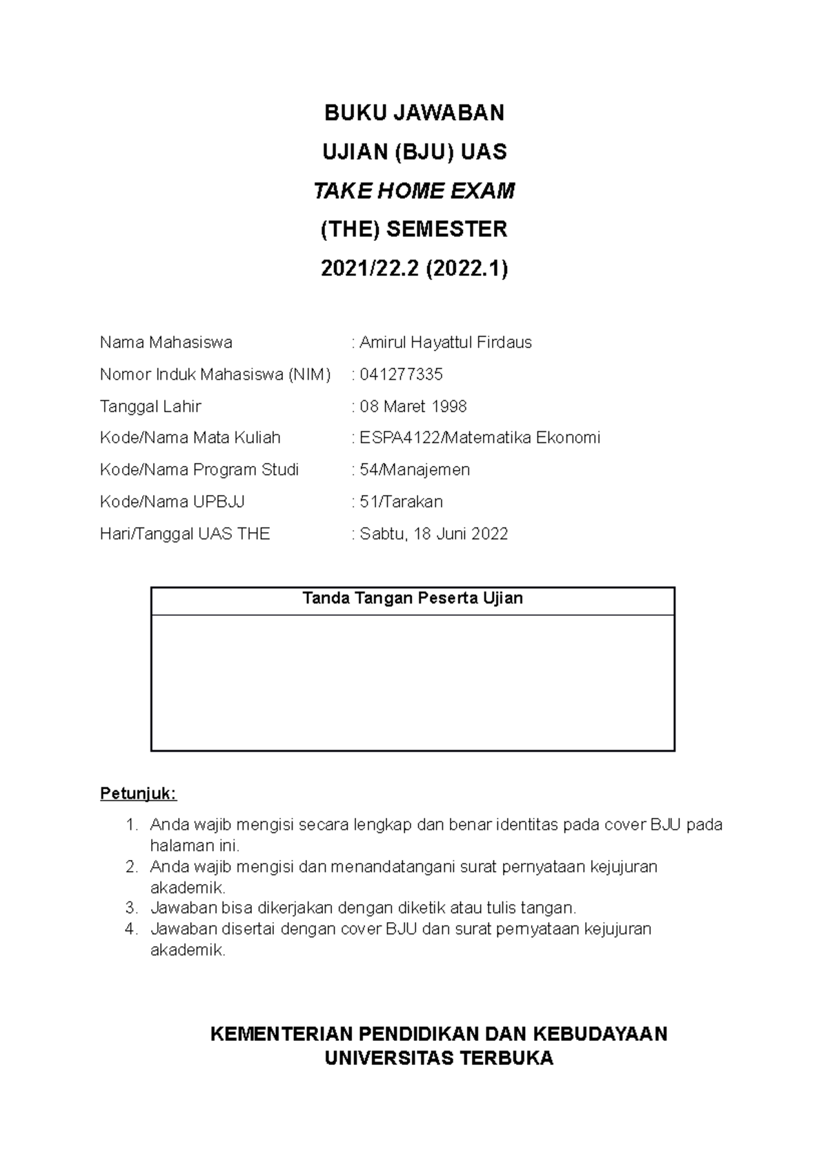 BJU MTK (Mirul) - ekonomi - BUKU JAWABAN UJIAN (BJU) UAS TAKE HOME EXAM (THE) SEMESTER 2021/22 ...