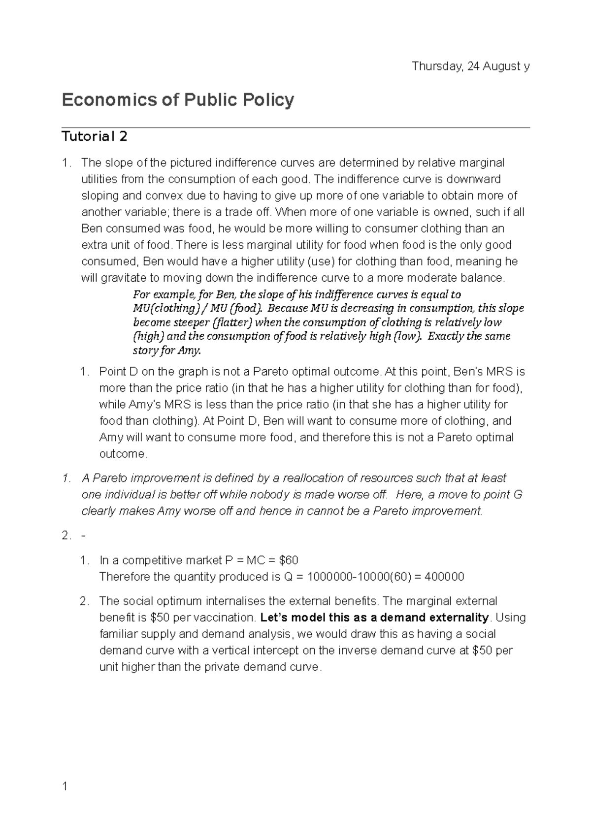 Tutorial 2 Answers - Economics of Public Policy - Thursday, 24 August y ...