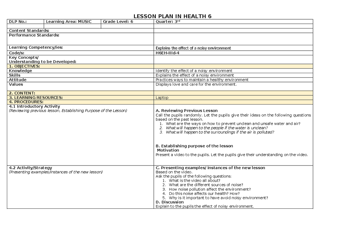Health 6 Dlp Demo Lesson Plan In Health 6 Dlp No Learning Area Music Grade Level 6 Quarter