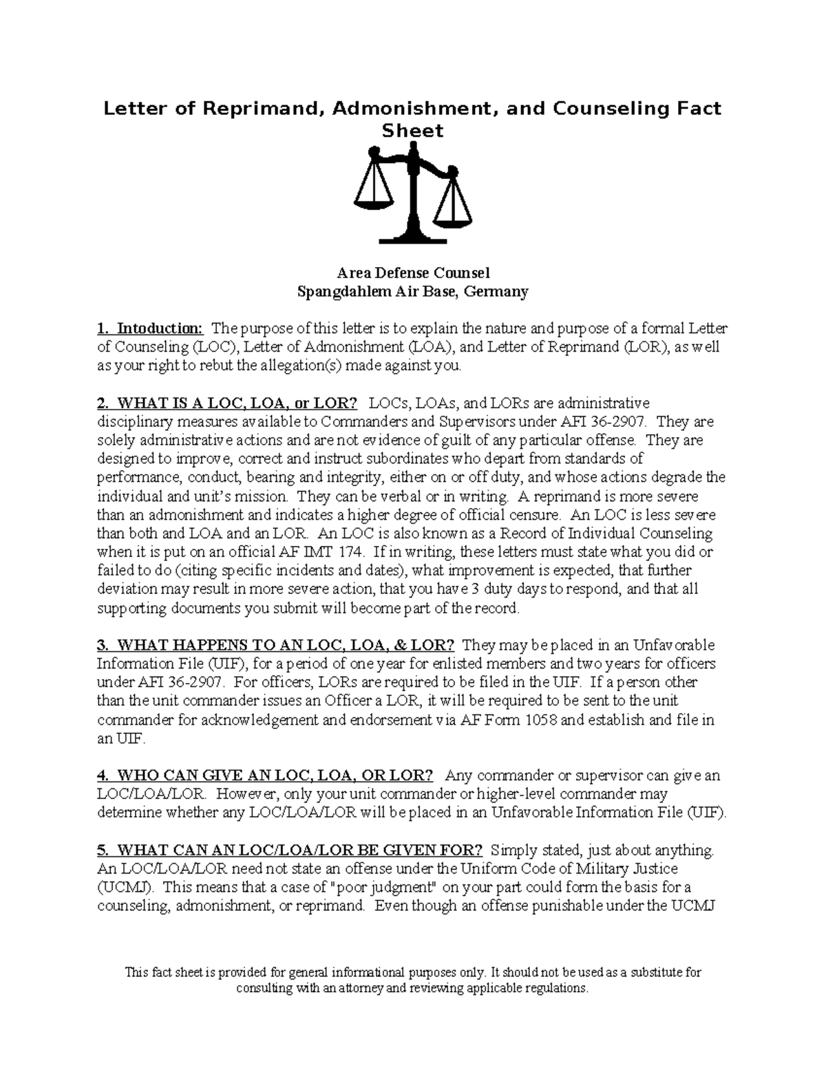 LOR LOA LOC Fact Sheet - Letter of Reprimand, Admonishment, and ...