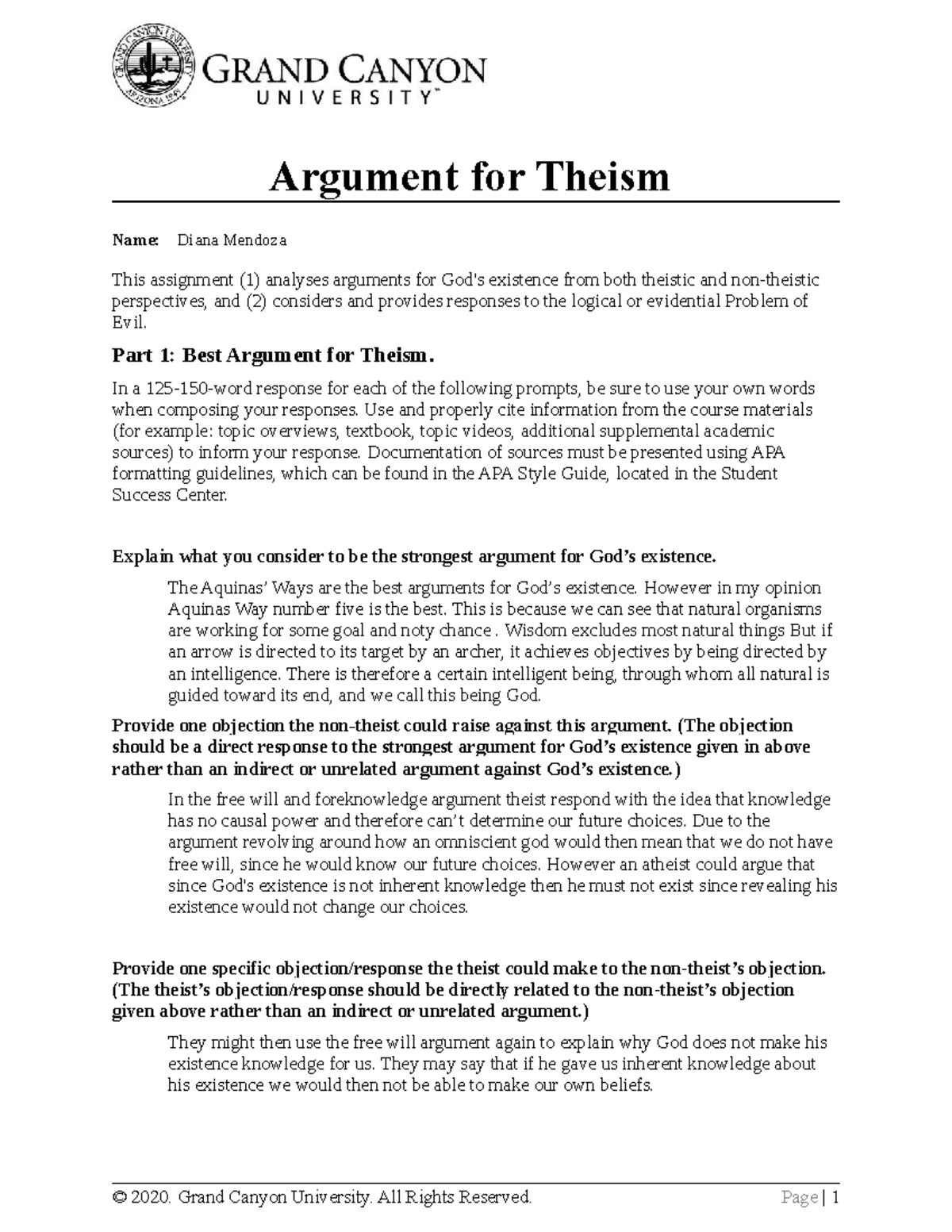 Phi 103 Rs T3 Argument For Theism Problem Of Evil Argument For Theism Name Diana Mendoza This