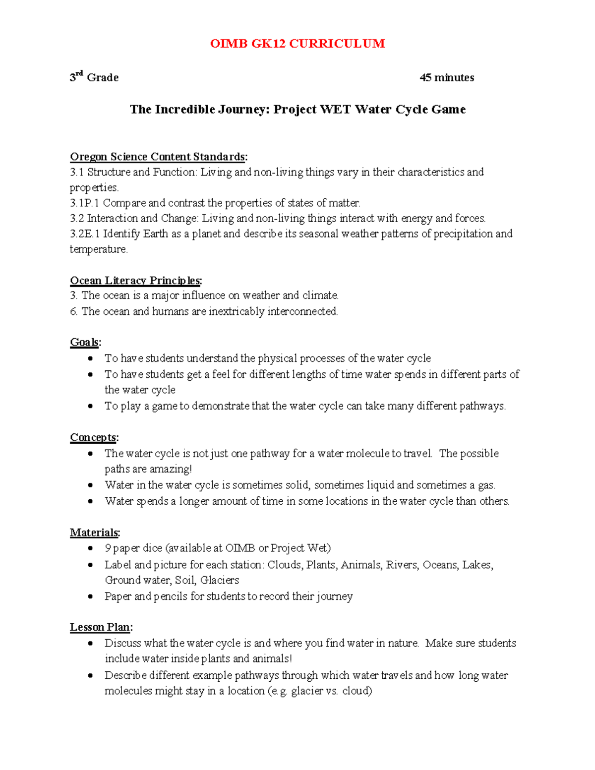Gk12-Third-Water Cycle Game - OIMB GK12 CURRICULUM 3 rd Grade 45 ...