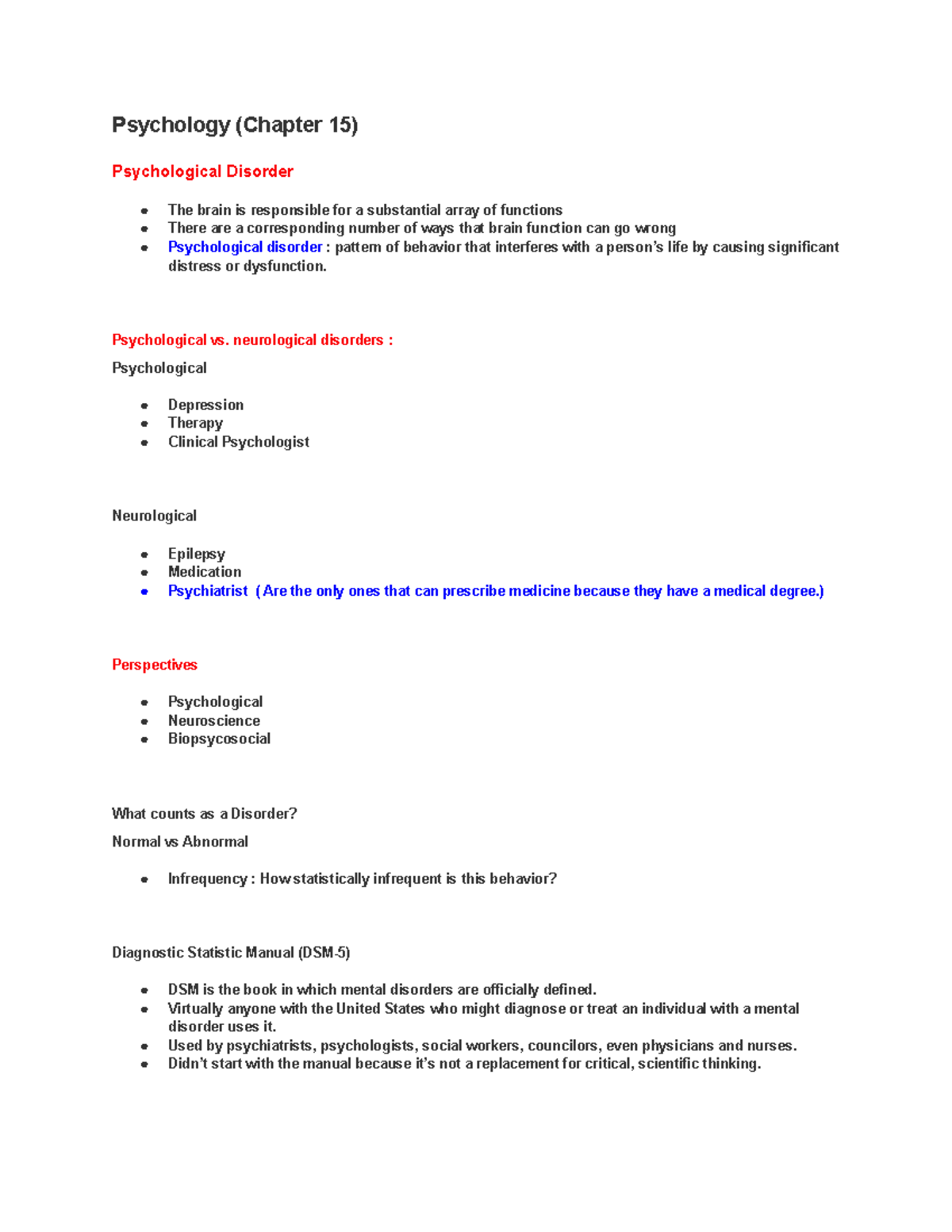 Psych Lecture Notes 8 - Psychology (Chapter 15) Psychological Disorder ...