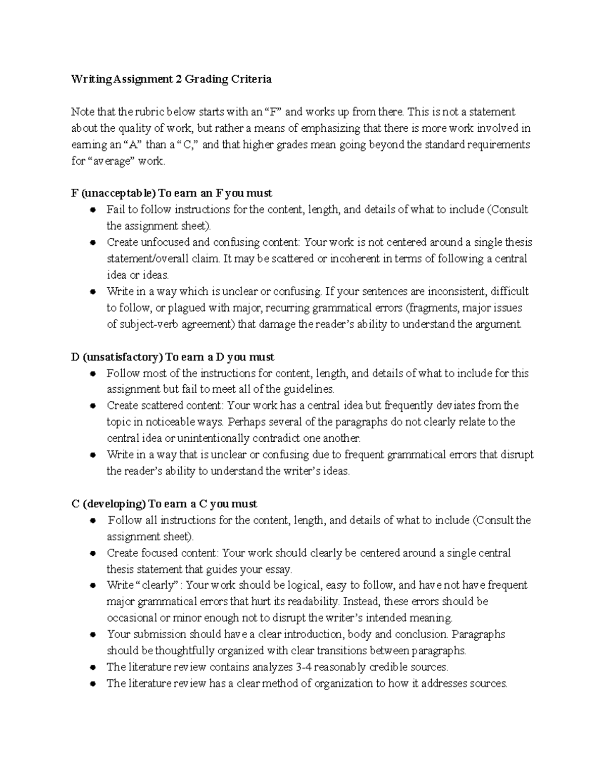 WA2 Rubric - Writing Assignment 2 Grading Criteria Note that the rubric ...