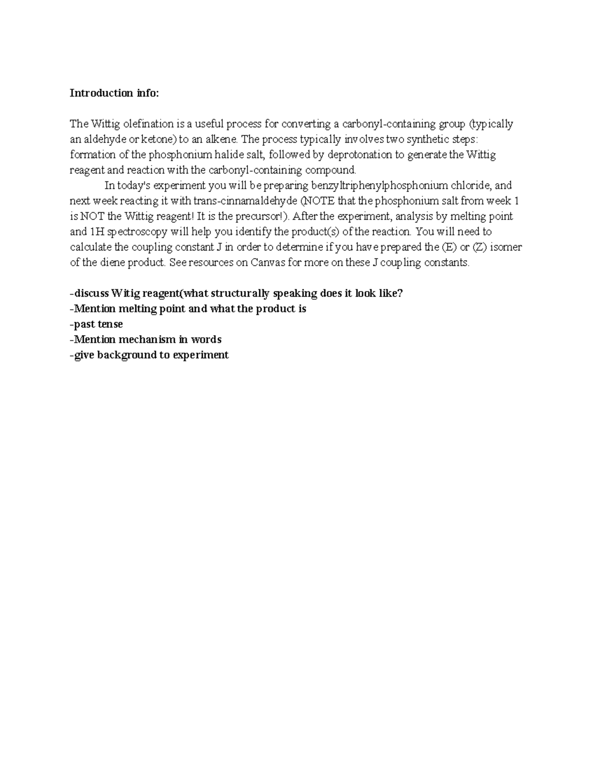Introduction lab 5 rough draft - Introduction info: The Wittig ...