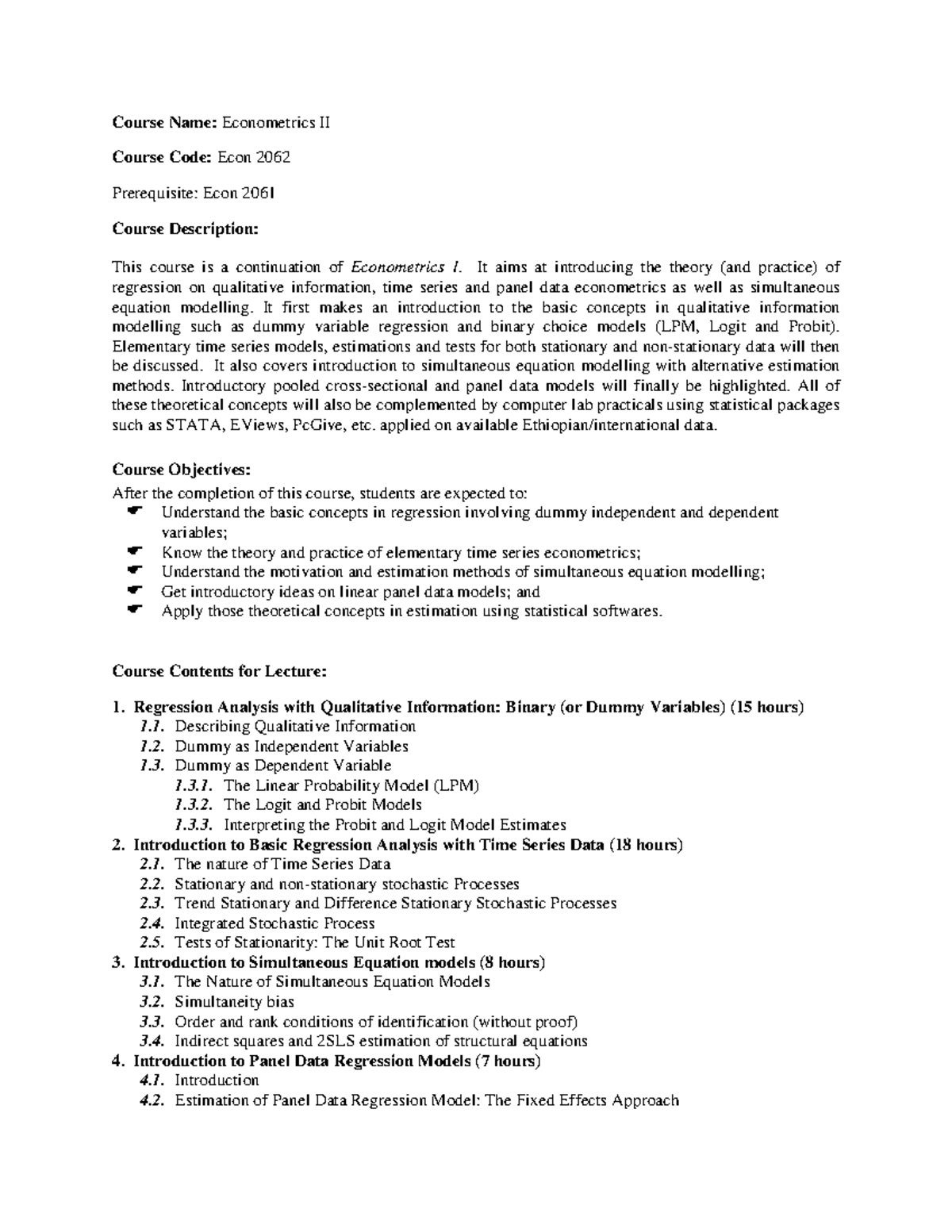 Course Outline 1870026076 Econometrics Ii Course Outline Course Name