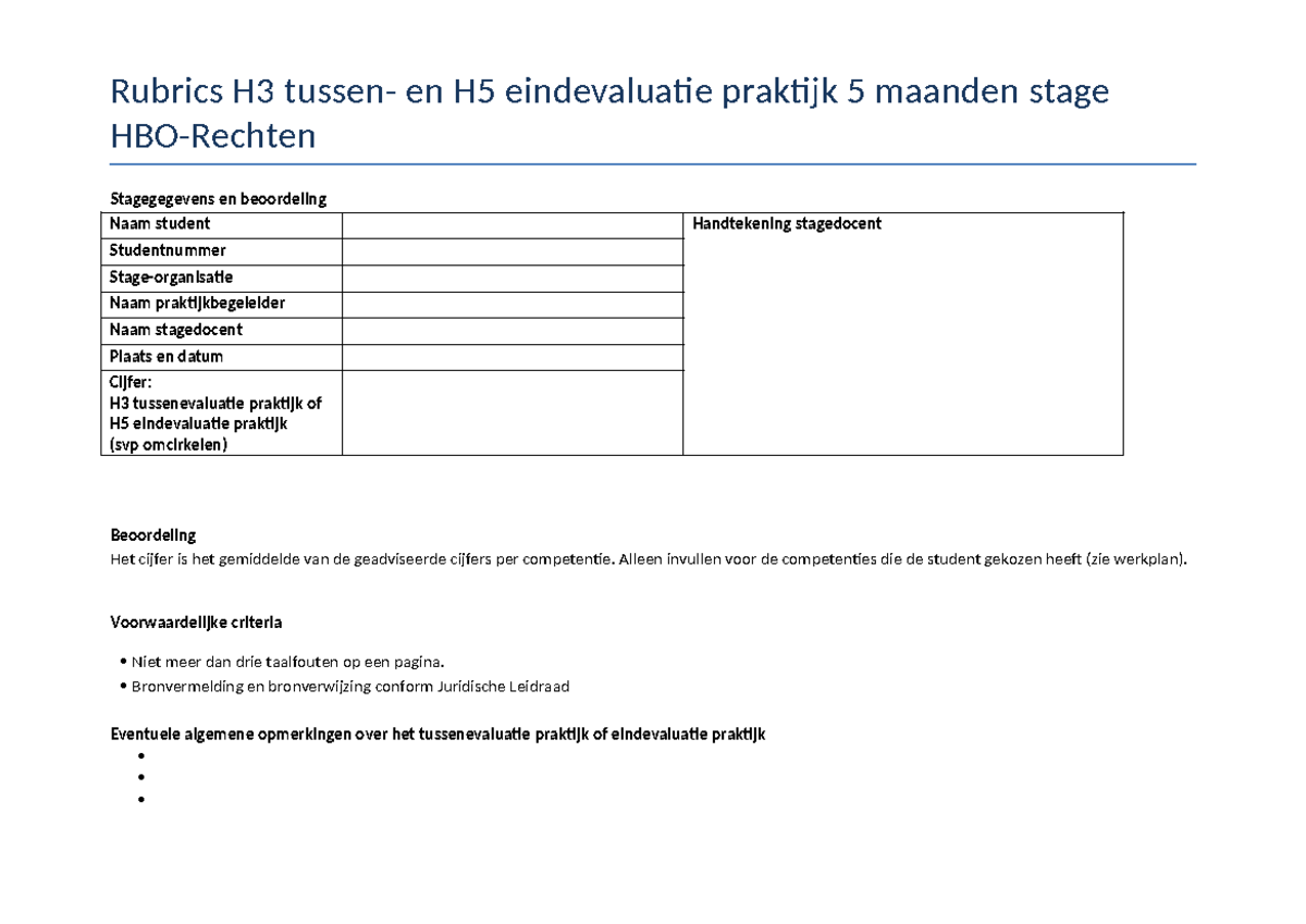 Rubrics H3-H5 tussen- en eindevaluatie praktijk 5 maanden stage - Rubrics H3 tussen- en H5 ...