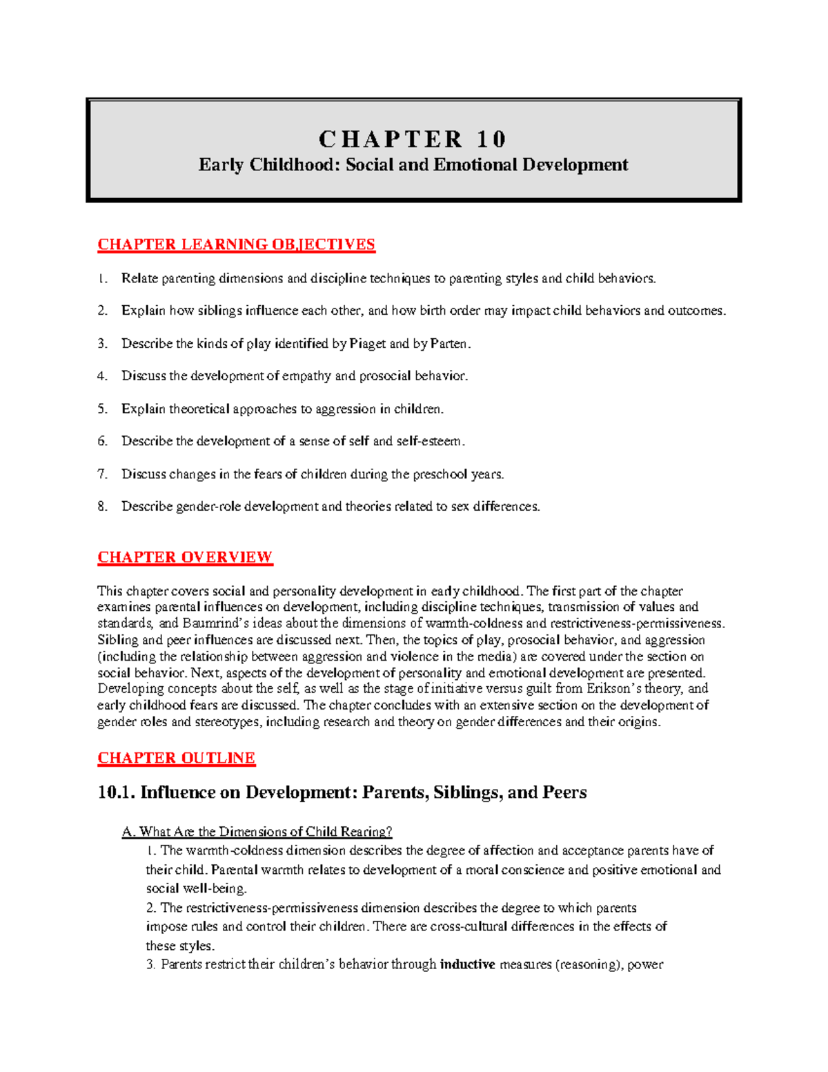 Chapter 10 Overview and Outline - CHAPTER 10 Early Childhood: Social ...