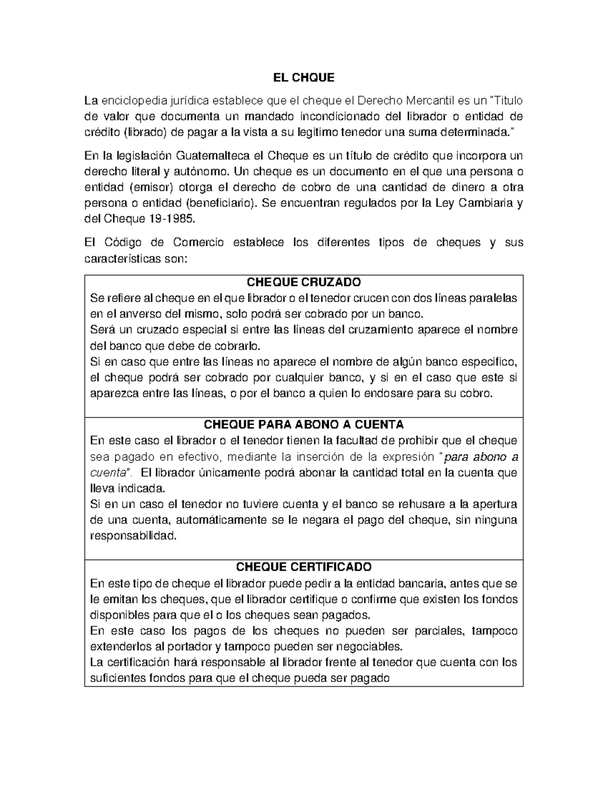 Tipos de Cheque - Definición - EL CHQUE La enciclopedia jurídica ...