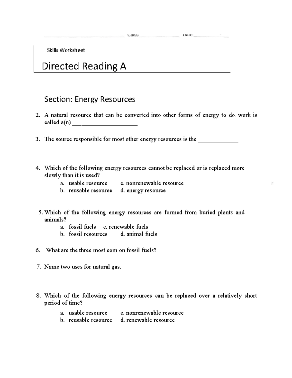 Energy resources worksheet - Skills Worksheet Directed Reading A ...