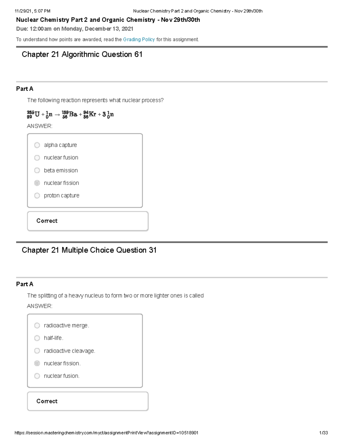 Nuclear Chemistry Part 2 and Organic Chemistry - Nov 29th 30th - Chapter 21 Algorithmic Question ...