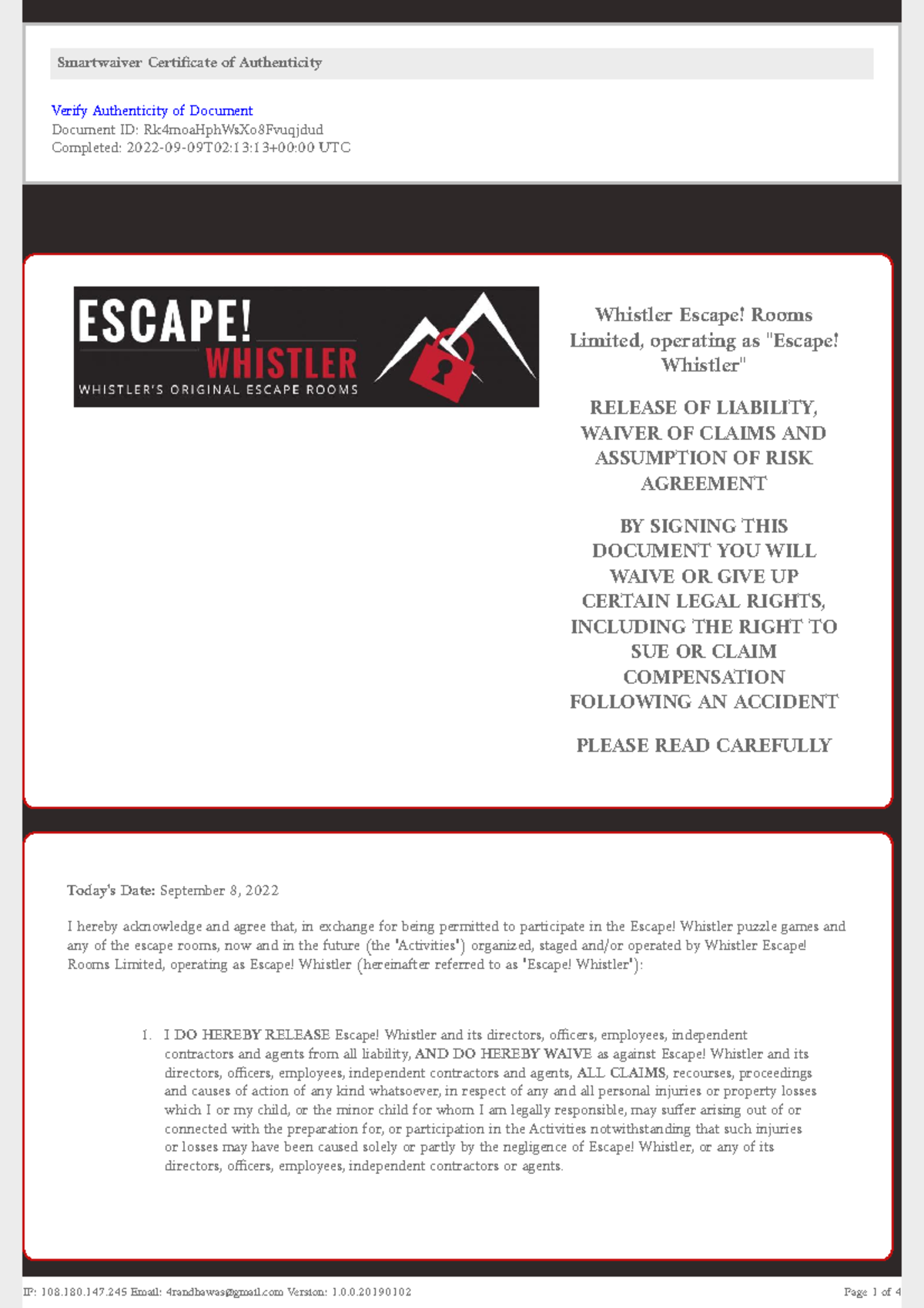 Whistler Escape Room - Djd - Smartwaiver Certificate of Authenticity ...