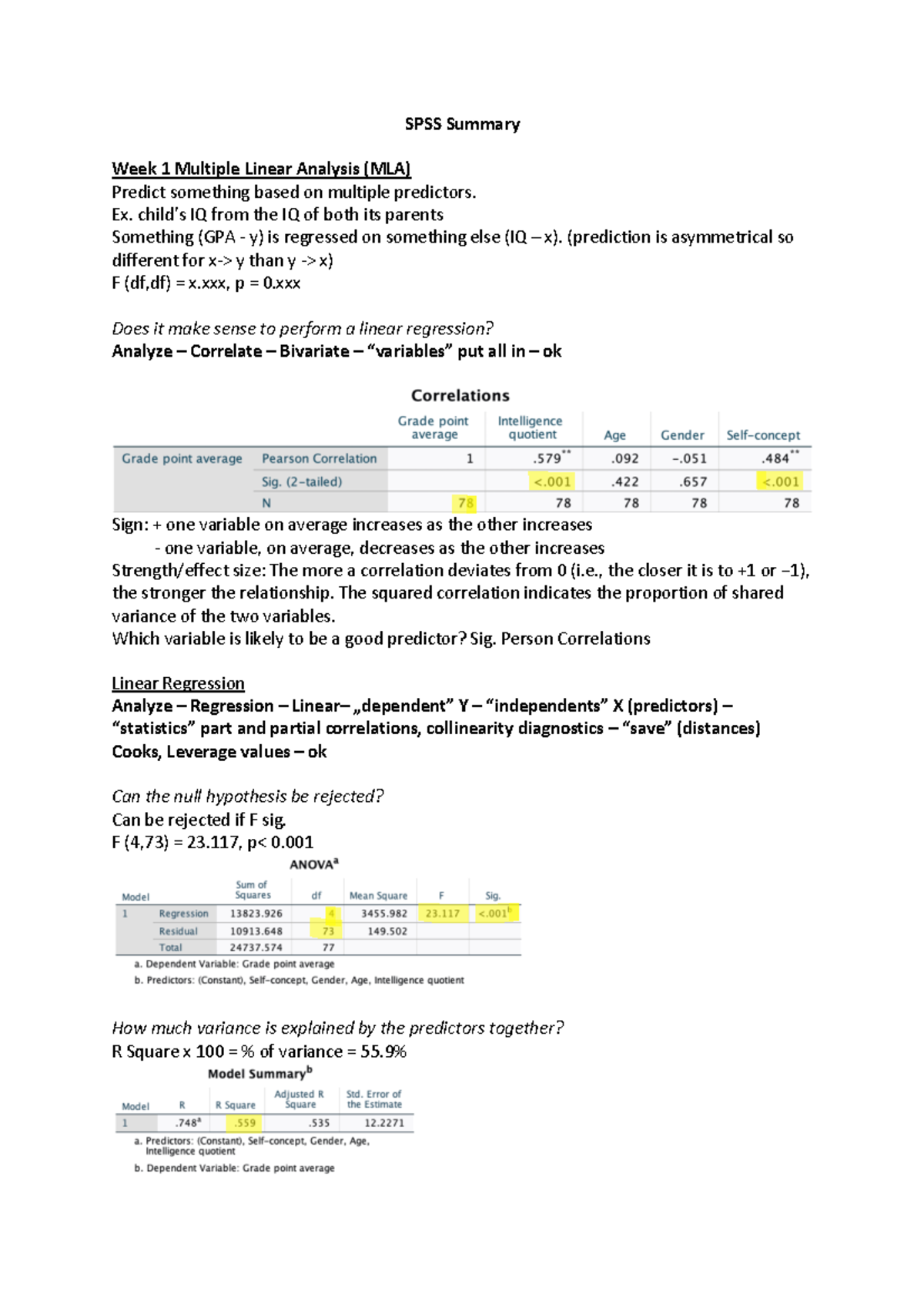 SPSS Summary - SPSS Summary Week 1 Multiple Linear Analysis (MLA ...