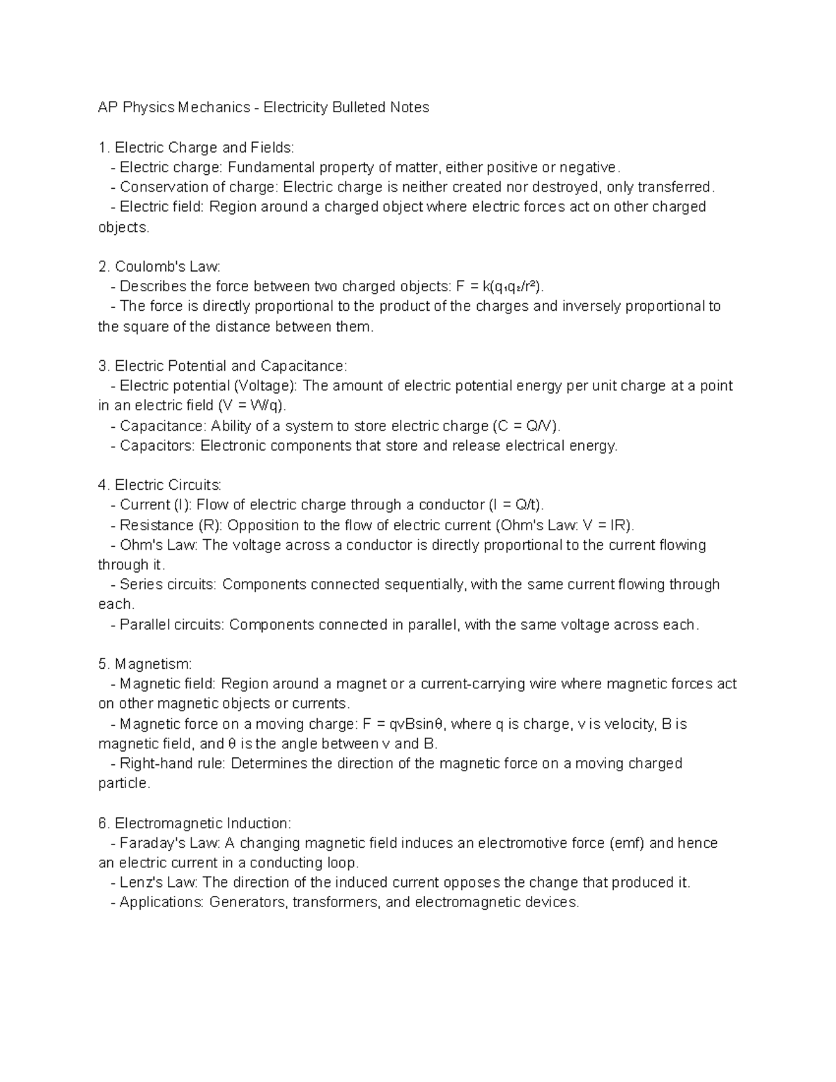 Physics Notes 2 - AP Physics Mechanics - Electricity Bulleted Notes ...