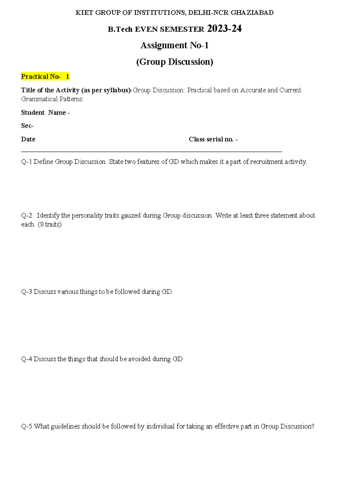 Lab Assignment -1 Group Discussion - KIET GROUP OF INSTITUTIONS, DELHI ...