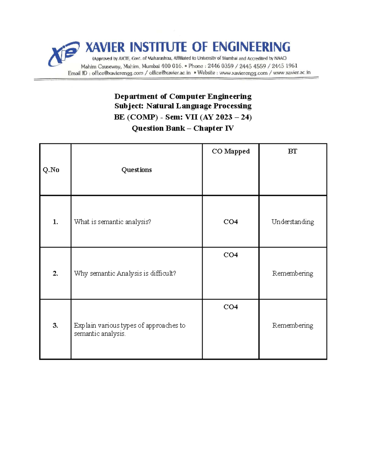 3502nlp Qb Module 4 6 Nlp Qb Department Of Computer Engineering Subject Natural Language 