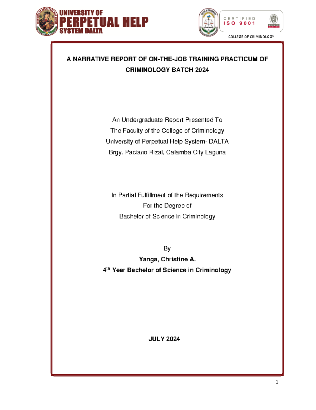 On the Job Training Narrative Report in the tri-bureau - A NARRATIVE ...