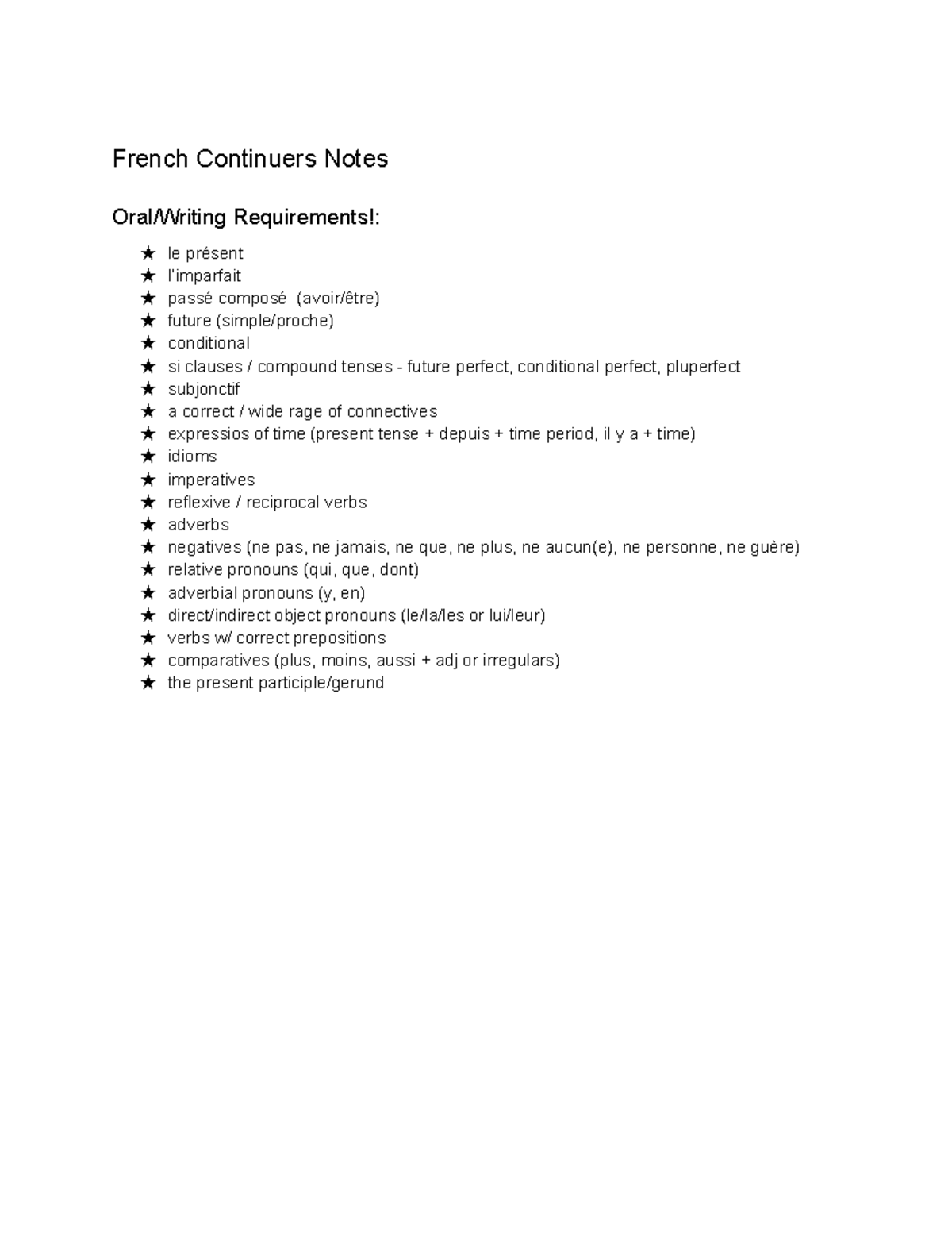 French Continuers Notes - French Continuers Notes Oral/Writing ...