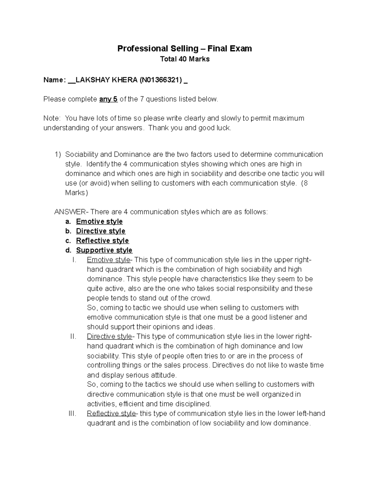 Final Exam Part 1 - Must do - Professional Selling – Final Exam Total ...