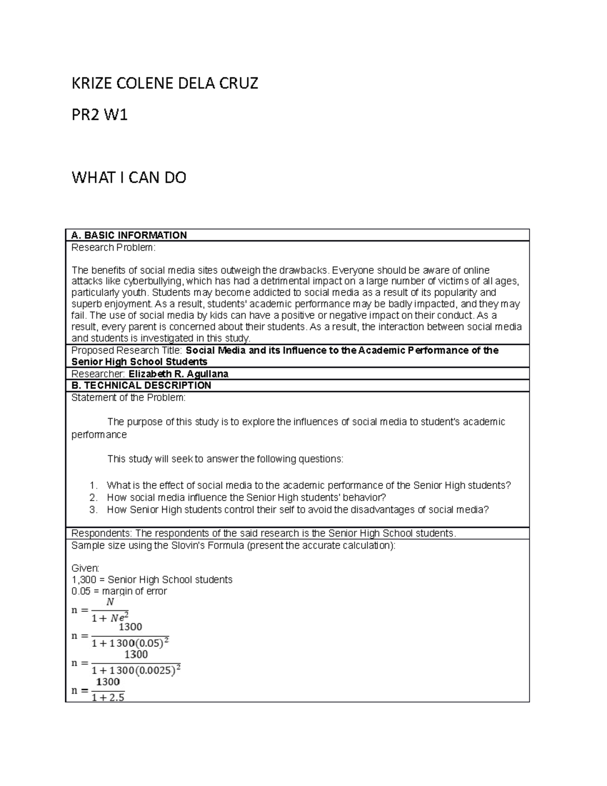 Krize Colene DELA CRUZ PR2 W1 - KRIZE COLENE DELA CRUZ PR2 W WHAT I CAN DO A. BASIC INFORMATION ...