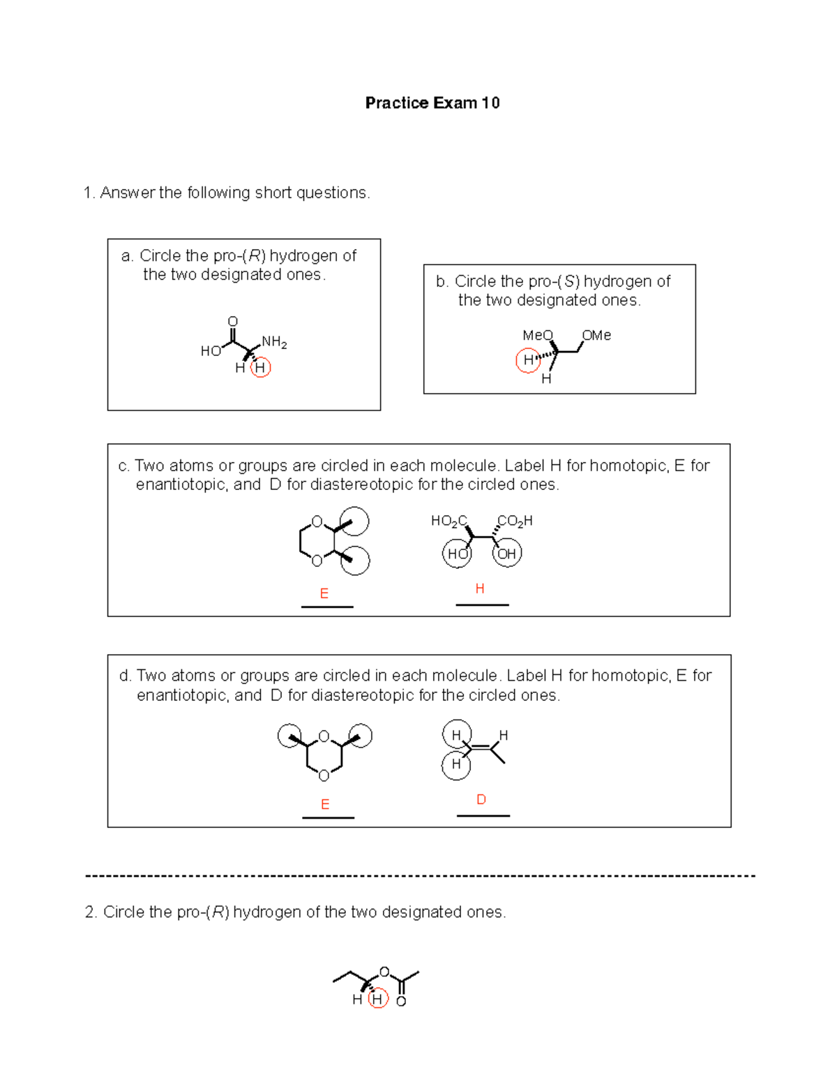 Practice 10-key - O O HO NH 2 H H O 1. Answer the following short ...