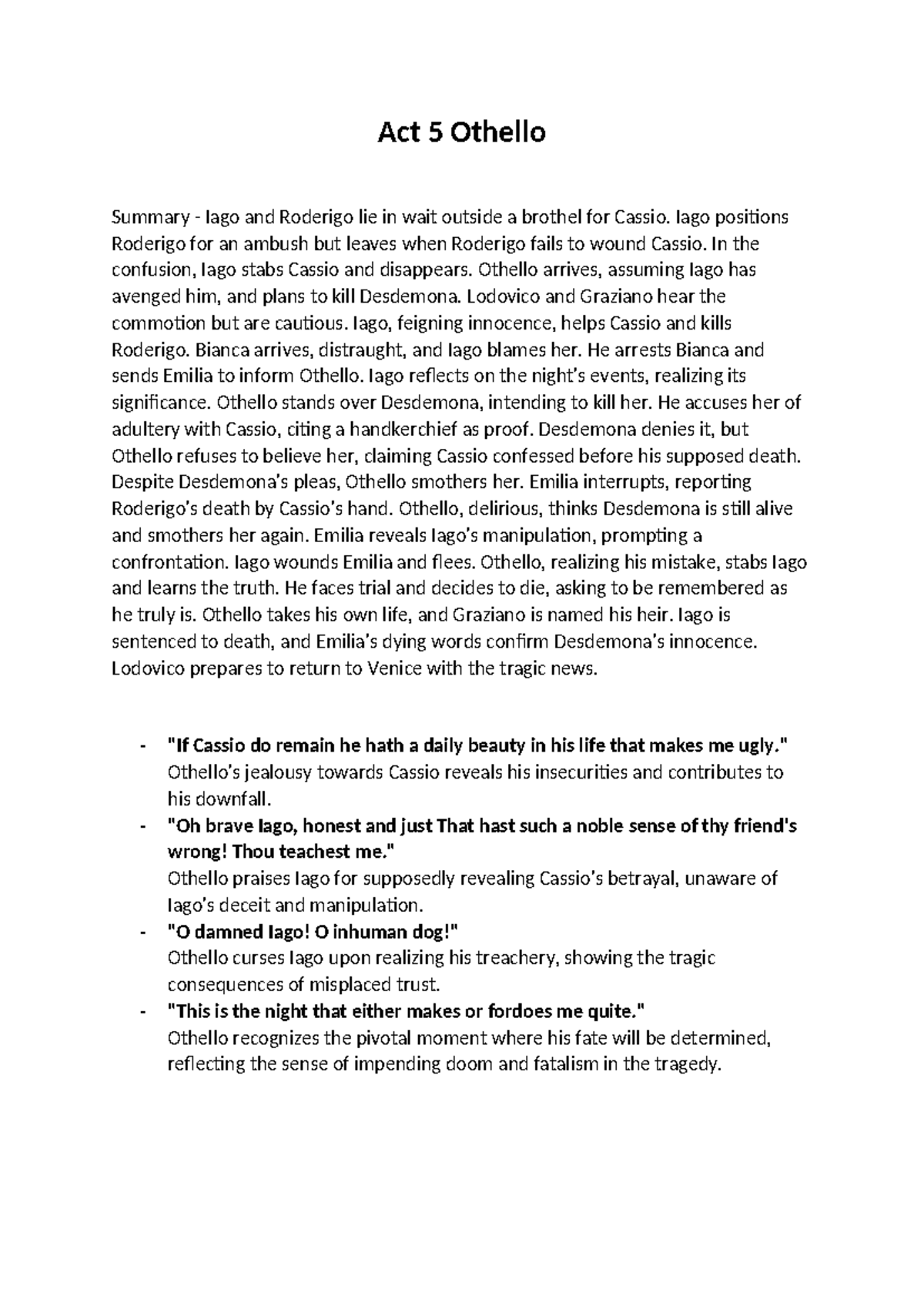 Act 5 Othello - imp - Act 5 Othello Summary - Iago and Roderigo lie in ...