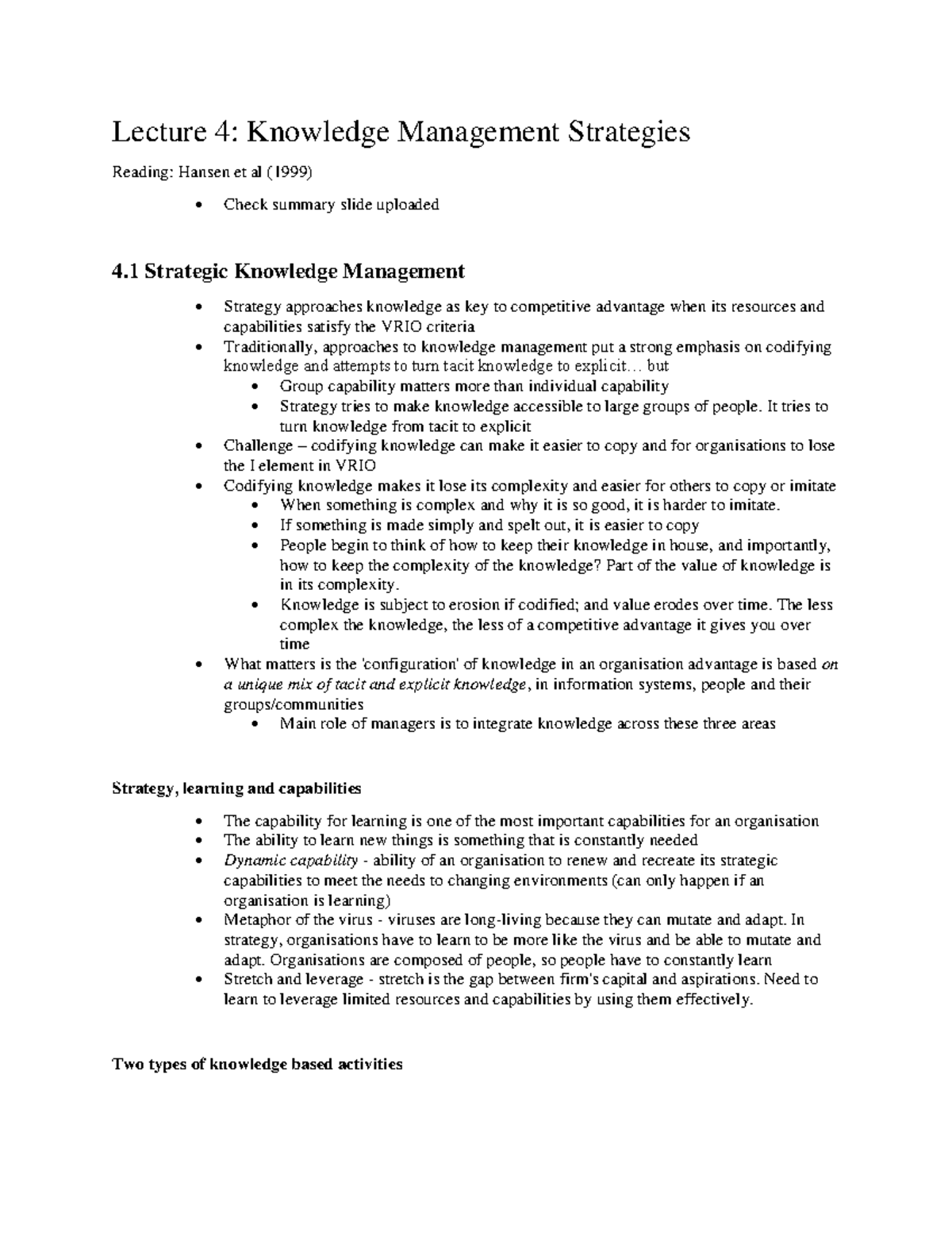 Lecture 4 - Knowledge Management Strategies - Lecture 4: Knowledge ...